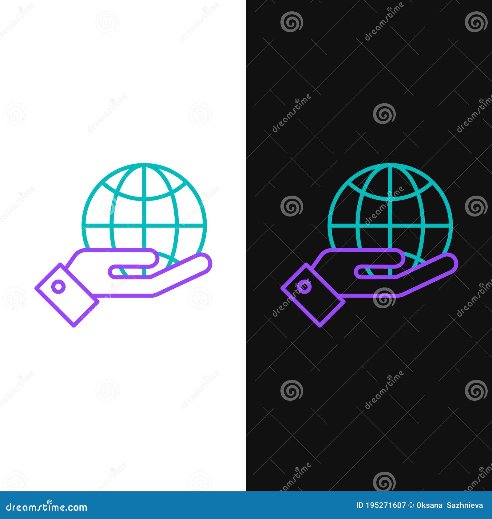 Line Human Hands Holding Earth Globe Icon Isolated On White And Black