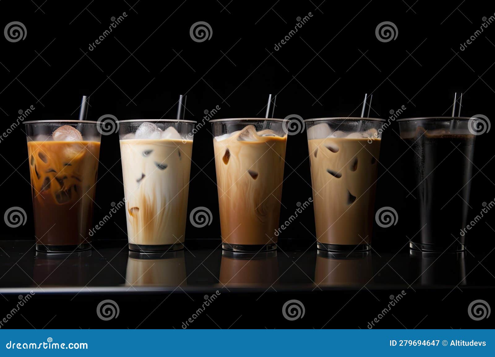 Line of Iced Coffee Lattes on a Black Background Stock Illustration ...