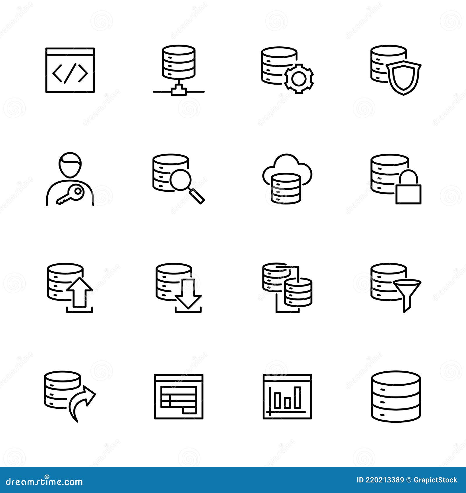 Line Icon Set Related To Database Built, Management and Report System ...