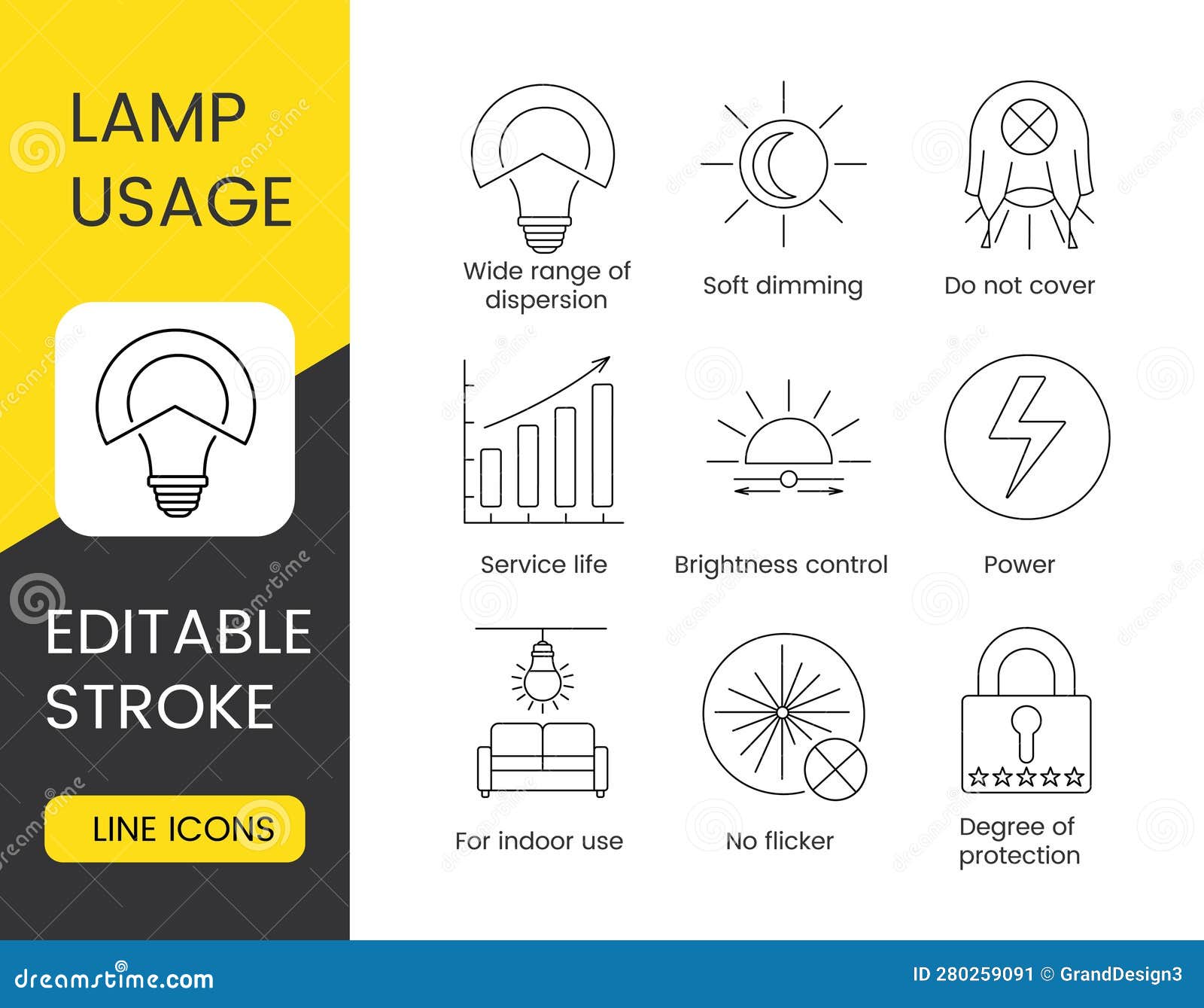 Line Icon Set in Vector for Lamp Packaging, Technical Specifications ...