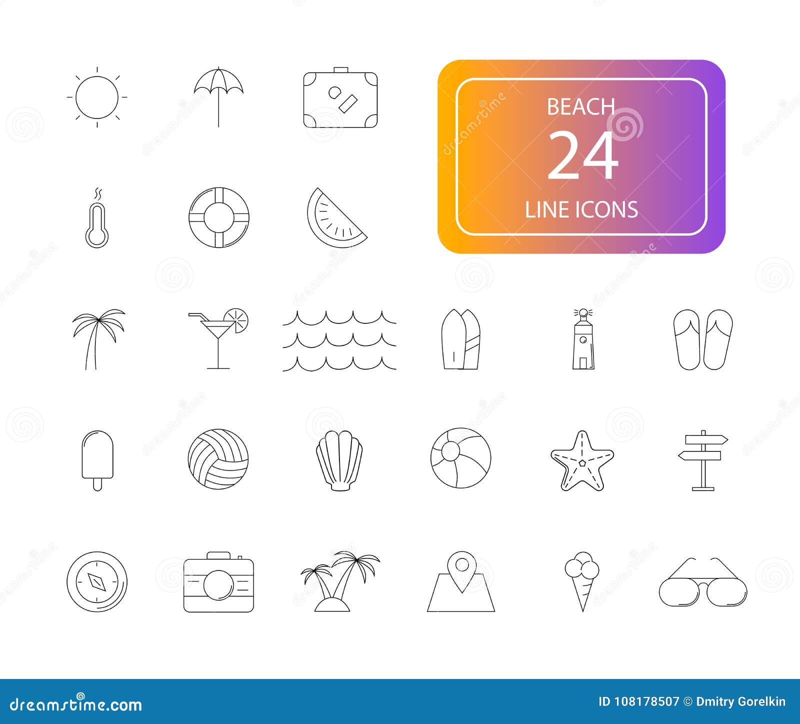 Line icons set. Beach pack stock vector. Illustration of beach - 108178507