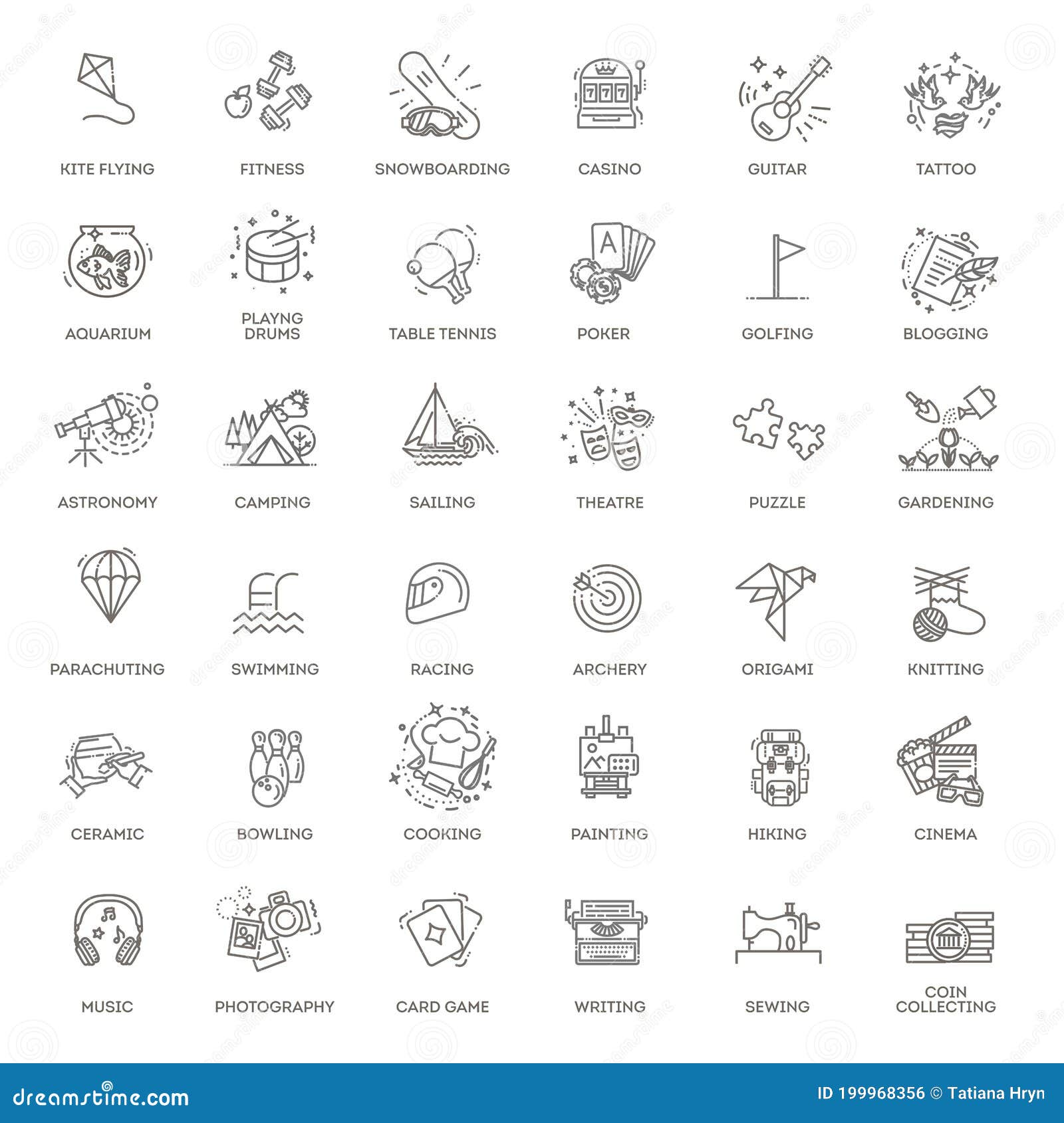 Hobbies and Interest Detailed Line Icons Set in Modern Line Icon Style ... Hobbies and Interest Detailed Line Icons Set in Modern Line Icon Style ...