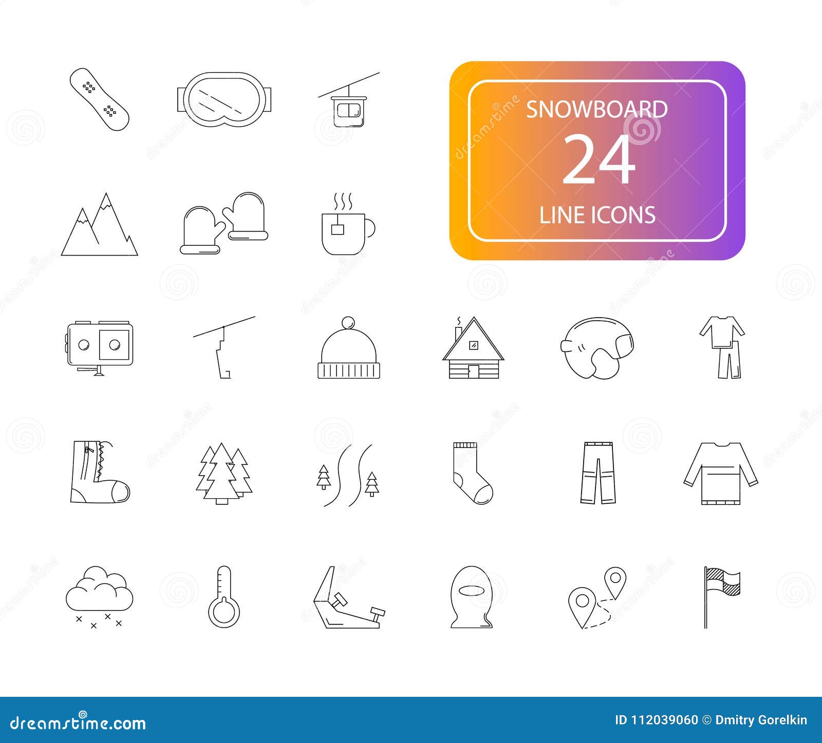 Line Icons Set. Snowboard Pack Stock Vector - Illustration of lift ...