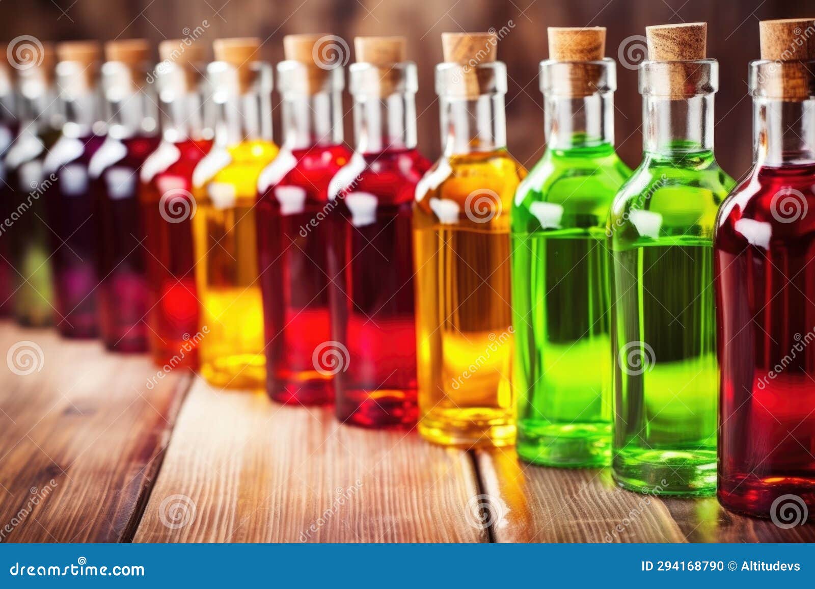 Line of Identical Bottles Filled with Differently Colored Liqueurs ...