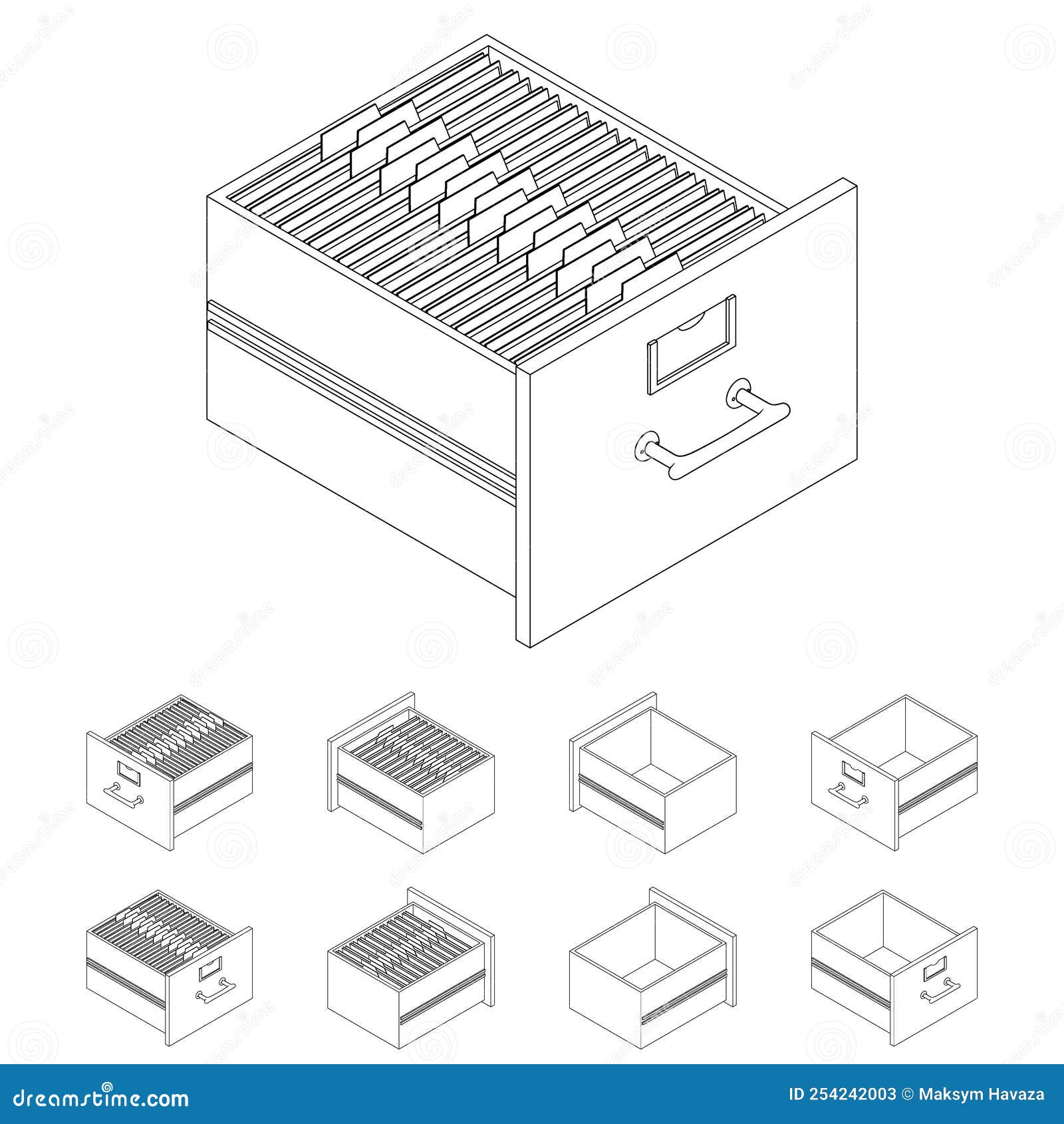 Line Large Isometric Set of Drawers with Documents. Isometric Iron ...