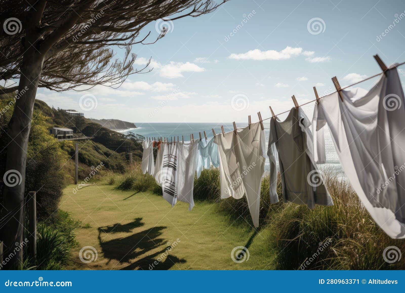 A Line of Laundry Fluttering in the Breeze, with a View of the Ocean or ...