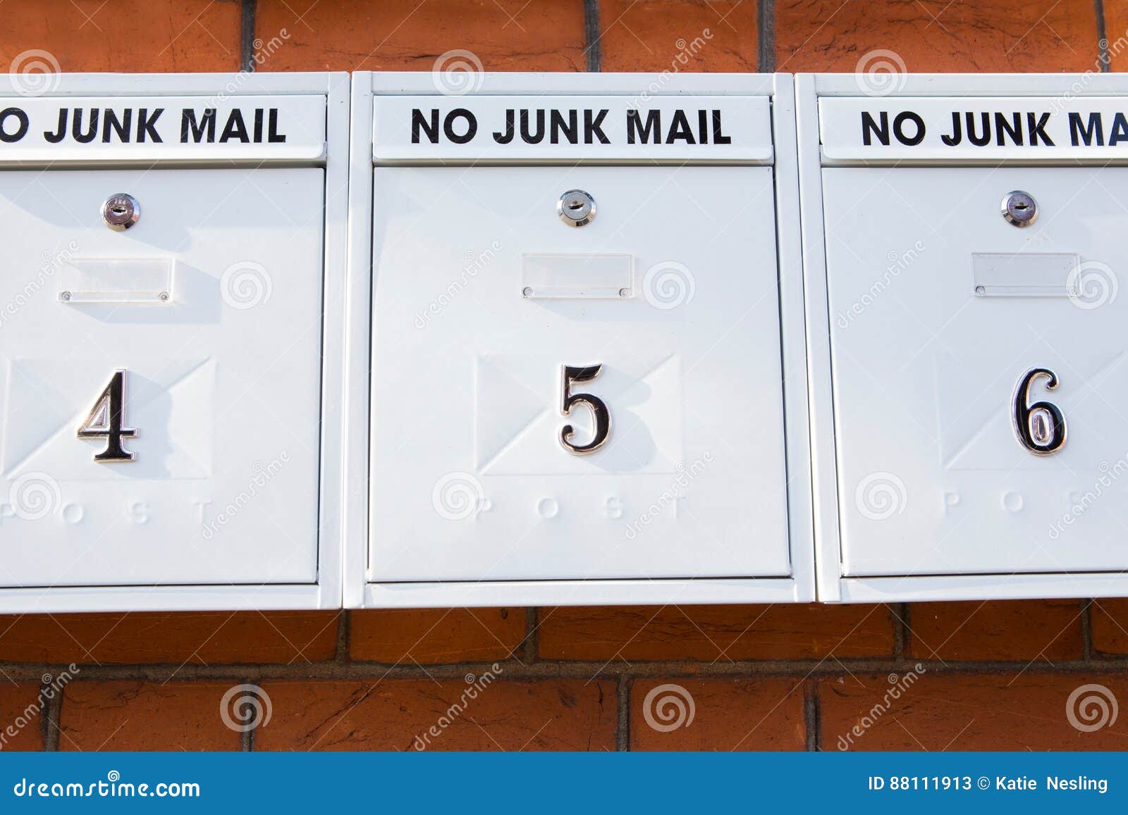 Line of Mailboxes with No Junk Mail Notice Stock Image - Image of ...