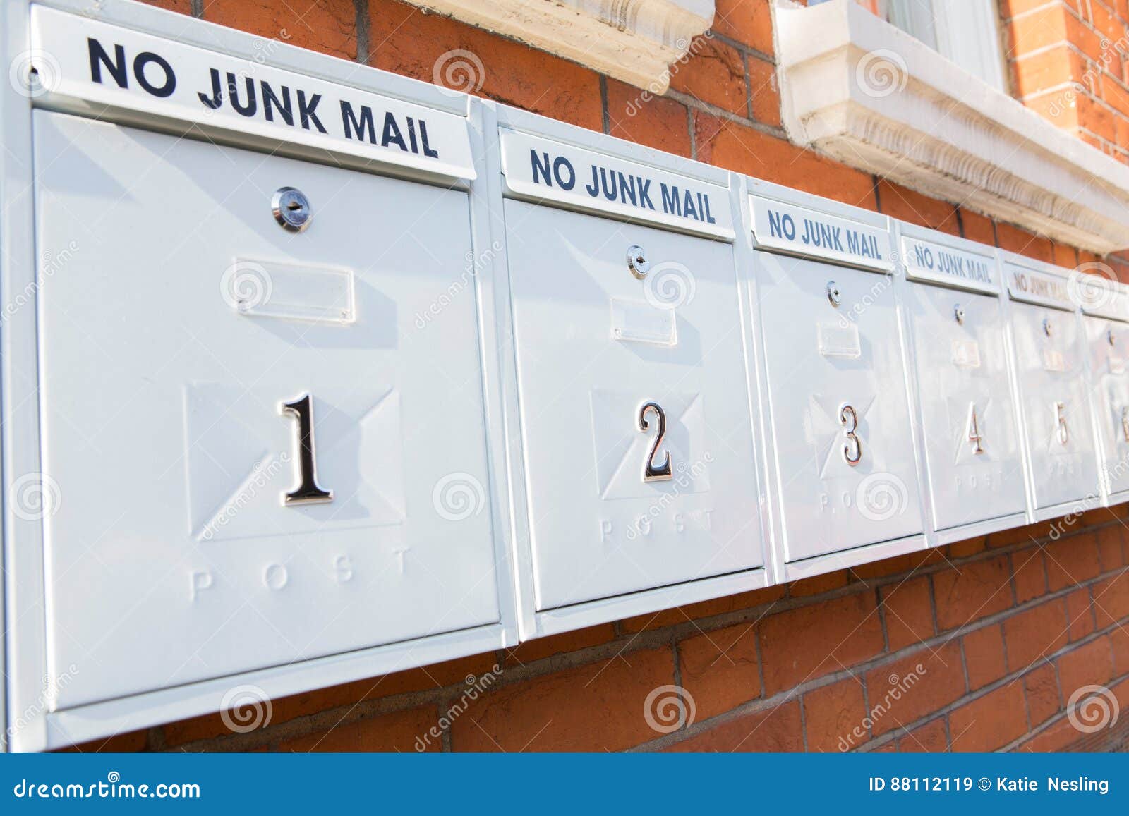 Line of Mailboxes with No Junk Mail Notice Stock Image - Image of ...