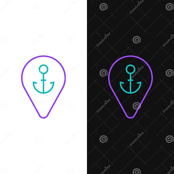Line Map Pointer with Anchor Icon Isolated on White and Black ...
