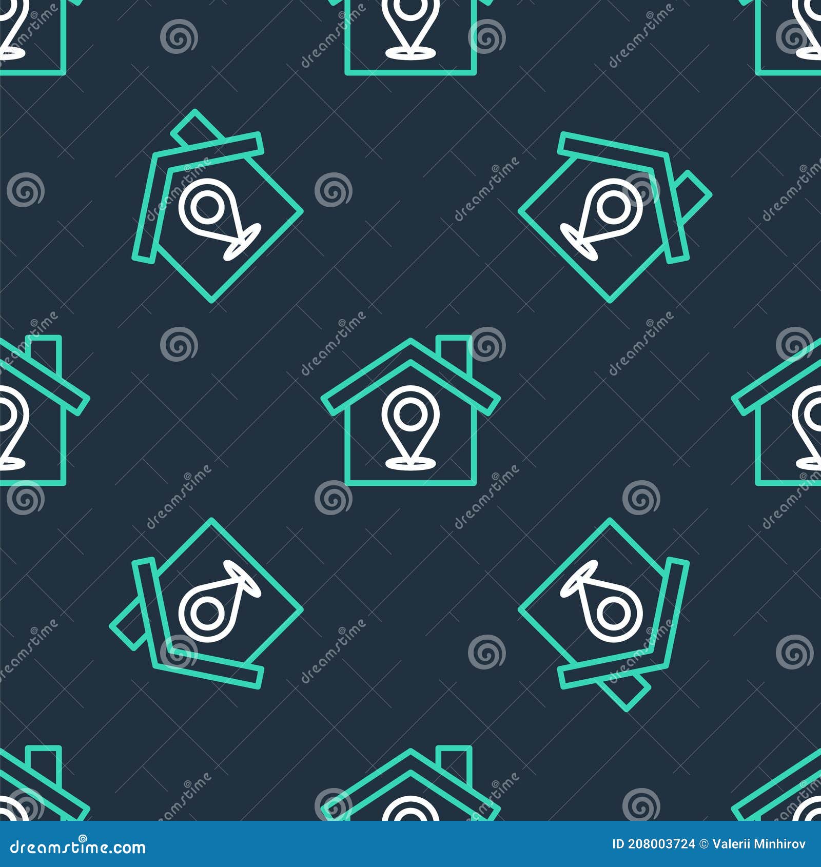 Line Map Pointer with House Icon Isolated Seamless Pattern on Black ...