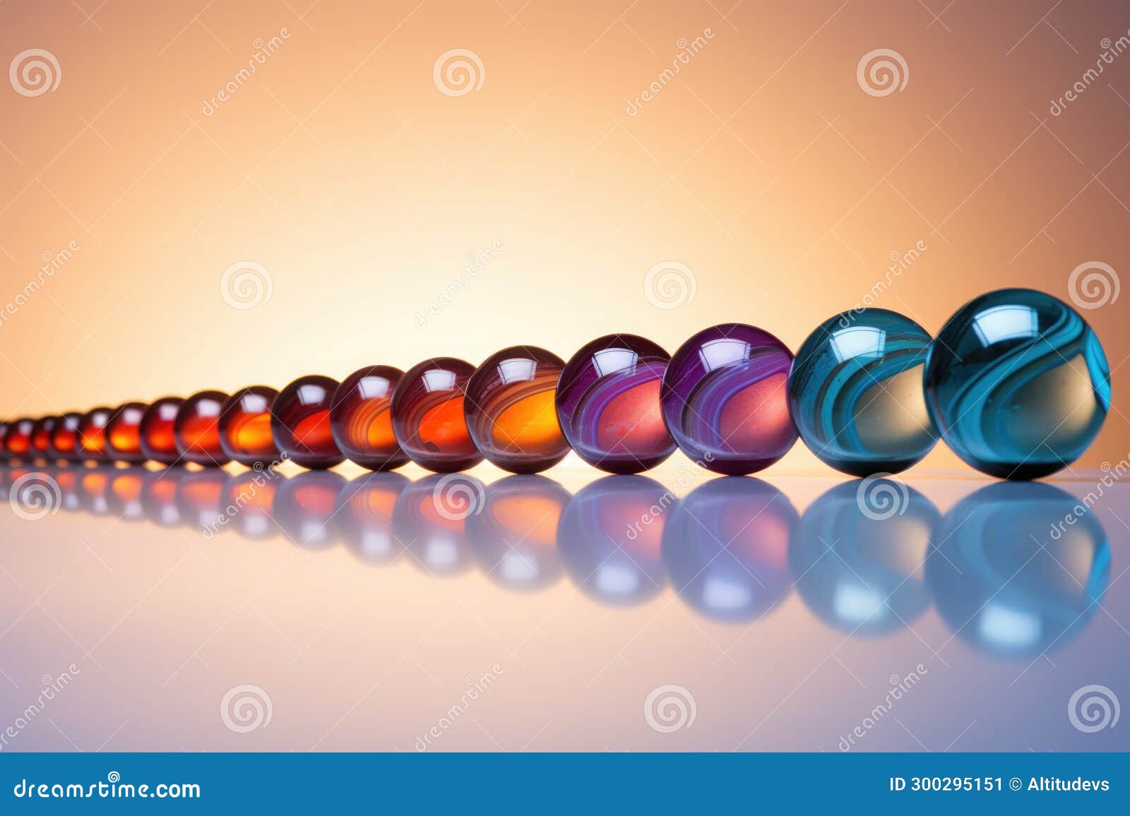 A Line of Marbles in Gradient Color Order on a Reflective Surface Stock ...