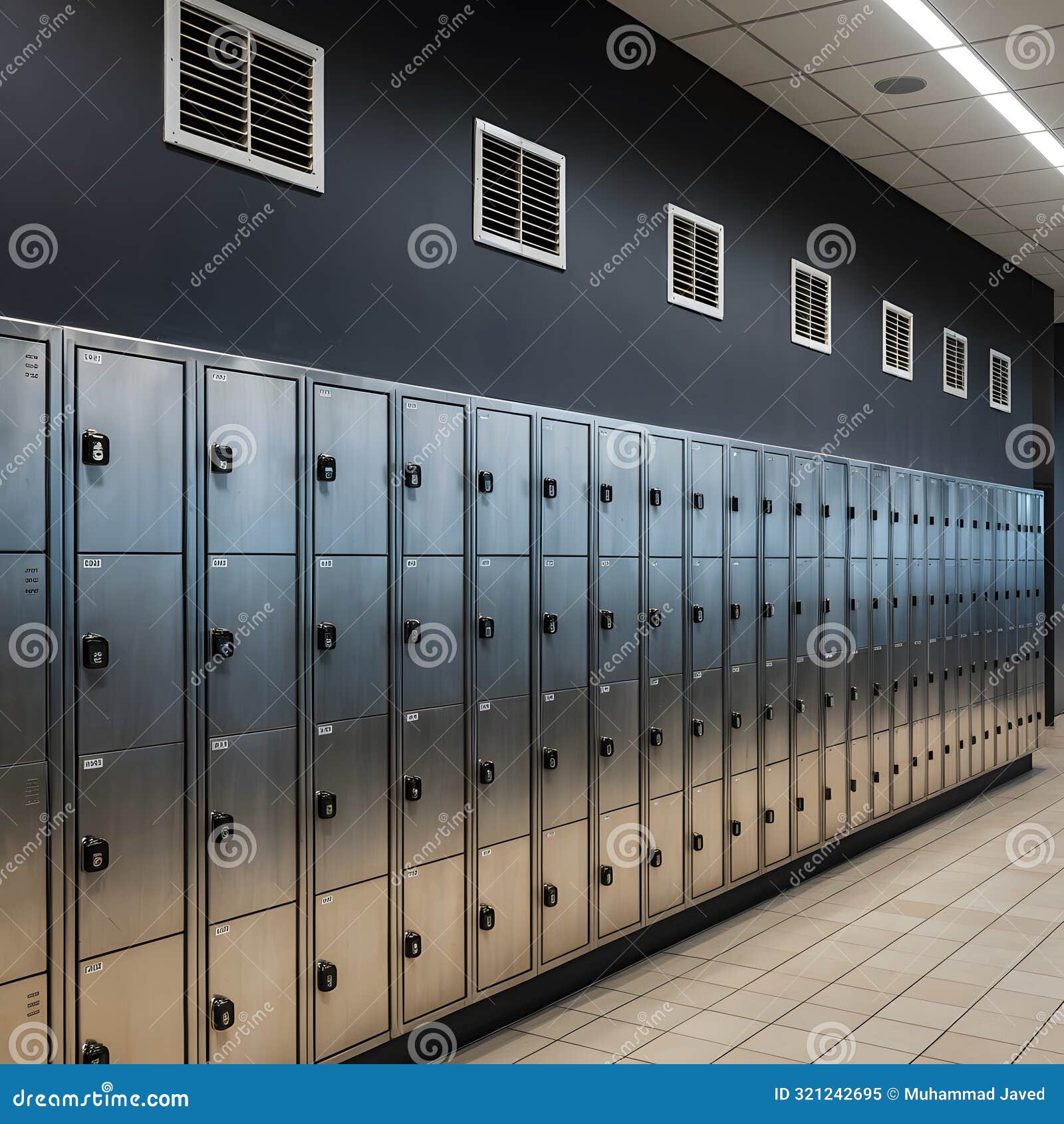 Modern Metallic Lockers with Handles and Badges, Complemented by Air ...