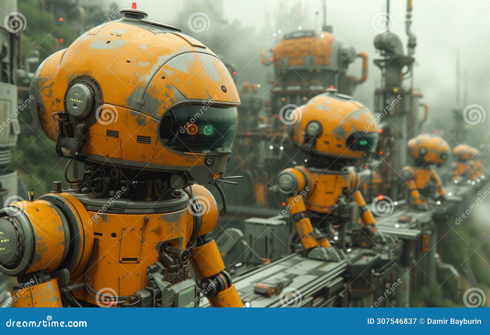 Row of Orange Robots Lined Up on a Bridge in a Scifi Event Stock Image ...