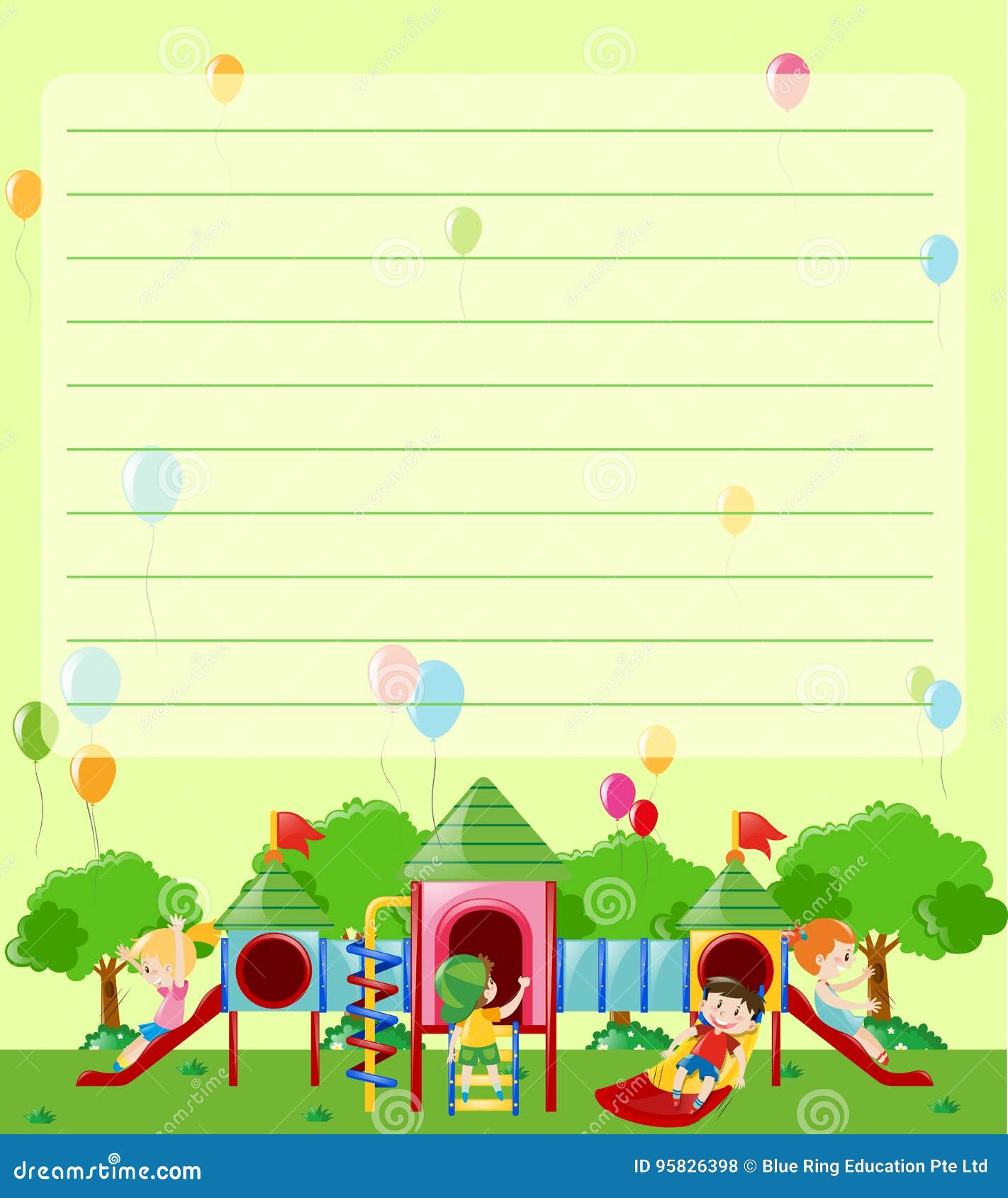 Line Paper Template with Kids Playing in Playground Stock Vector ...