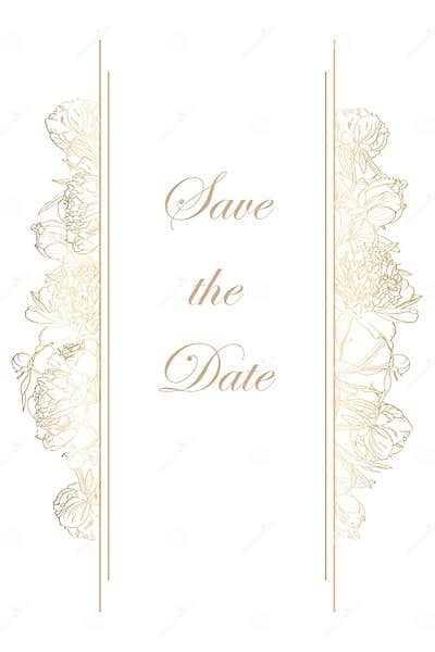Decorative Line Golden Peonies Wedding Card Template. Stock ...