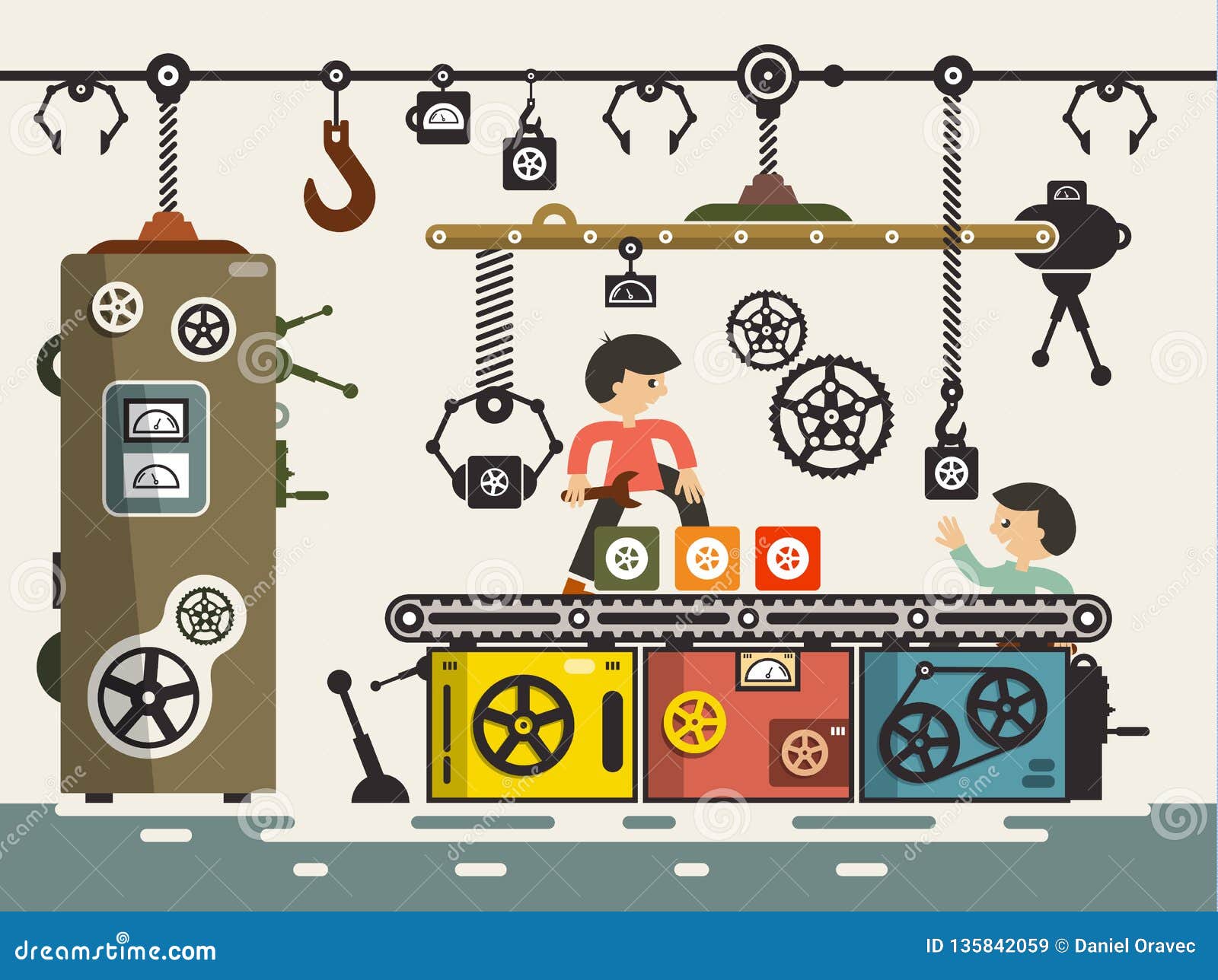 Line of Production with Workers in Factory. Stock Vector - Illustration ...
