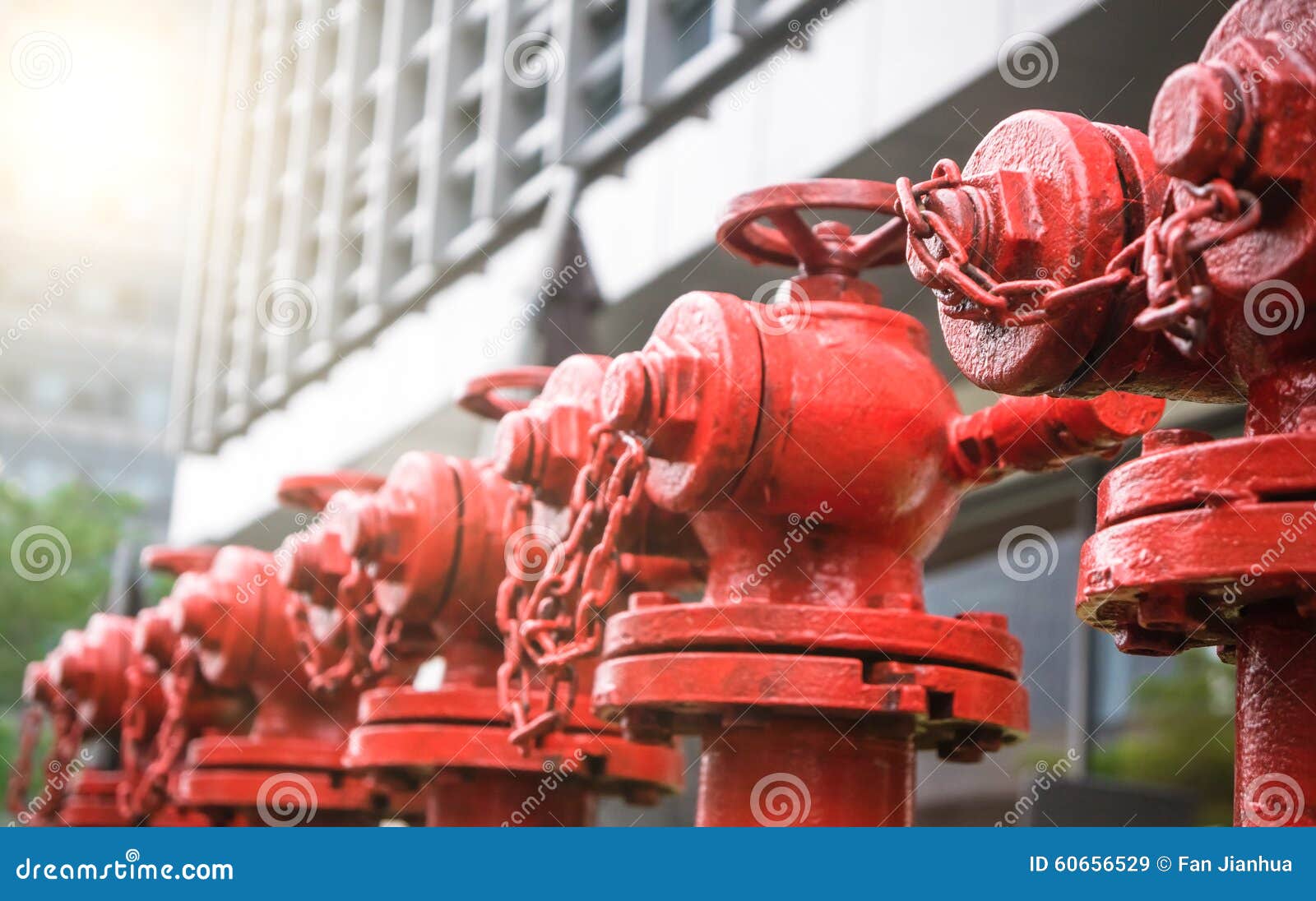 A line of red fire hydrant stock image. Image of pipe - 60656529