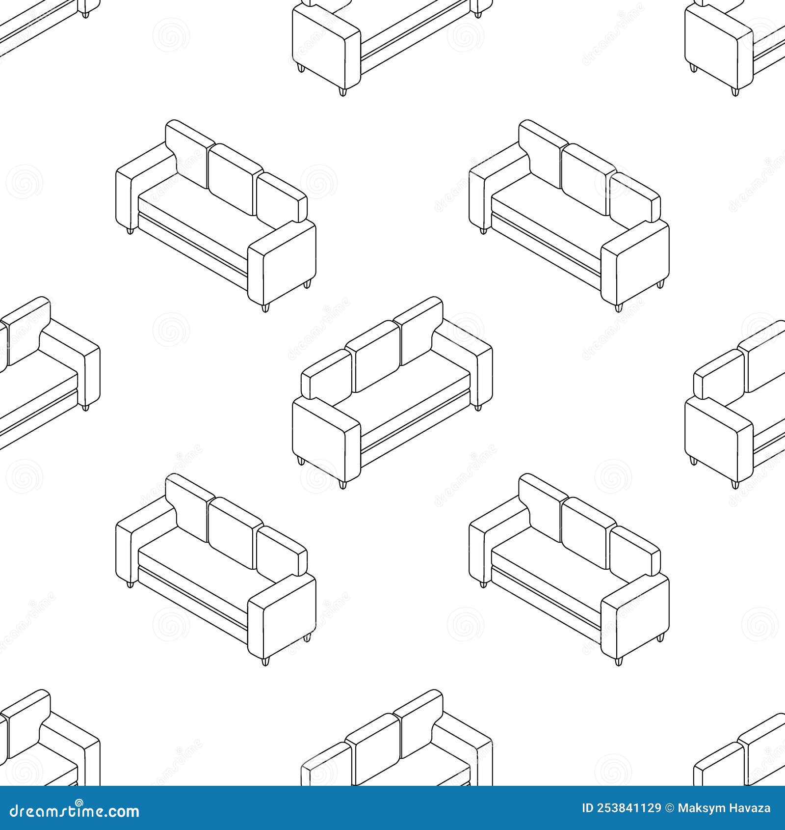 Line of Sofas in Isometry Seamless Pattern. New Sofa in Different Angles in Isometric Projection ...