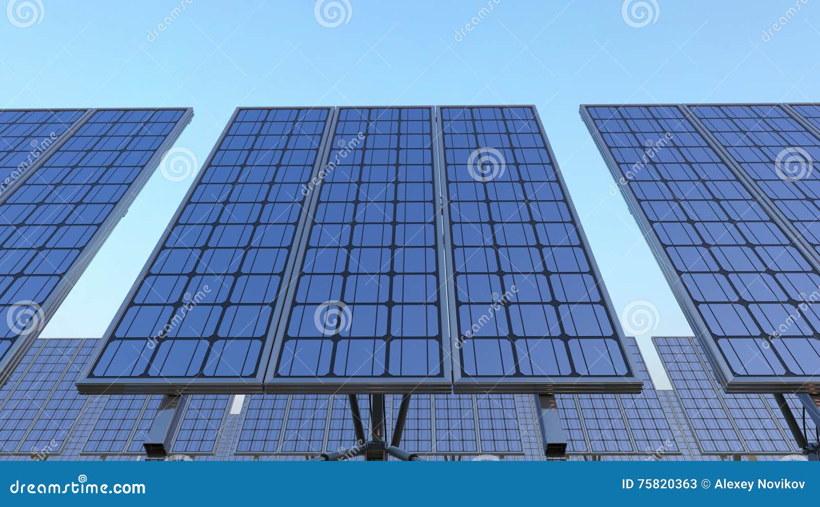Line of Solar Panels Against Blue Sky. Renewable Energy Production, CGI ...