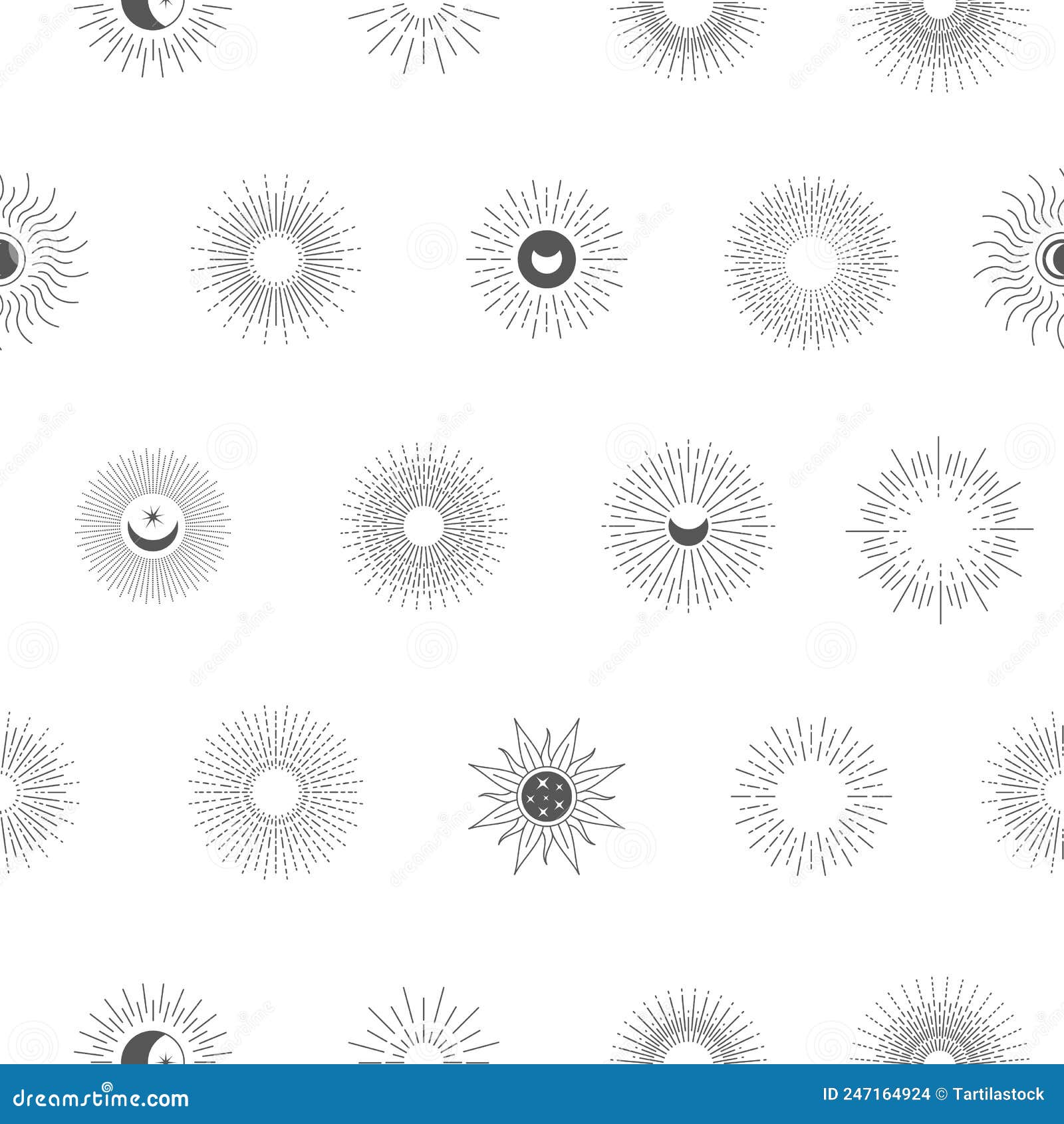 Line Sun Pattern. Seamless Print with Sun Bohemian Decorative Outline ...