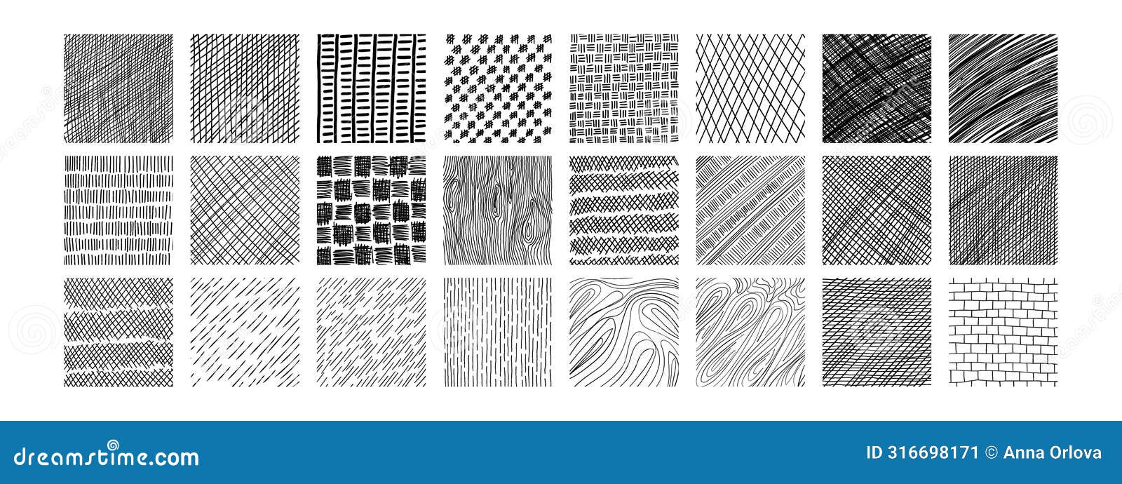 Line Texture Set With Different Hand Drawn Patterns. Crosshatch, Wood ...