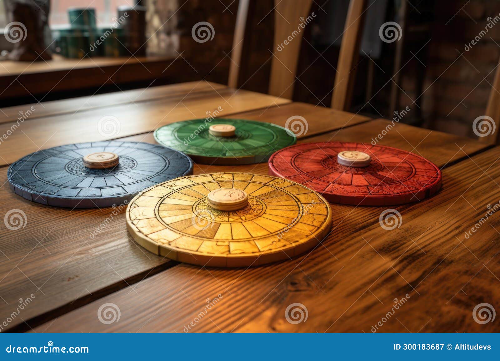 A Line-up of Tejo Discs on a Wooden Table, Ready for a Game Stock Image ...