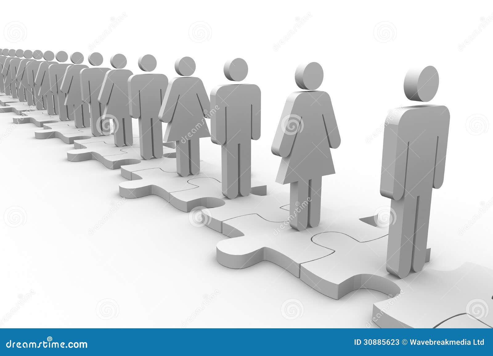 Line of White Human Forms Standing Over Meshed Jigsaw Pieces Stock ...