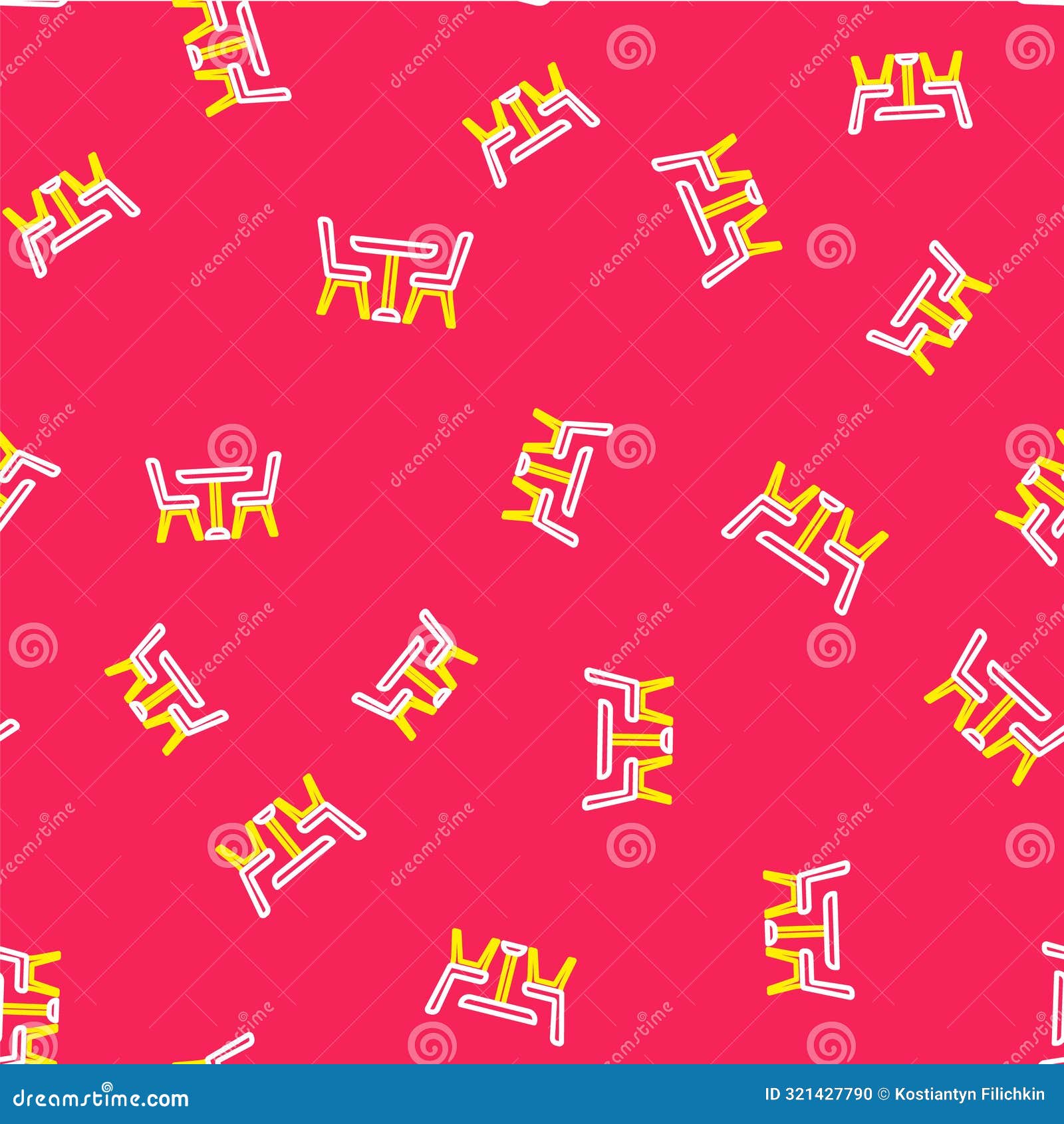 Line Wooden Table with Chair Icon Isolated Seamless Pattern on Red ...