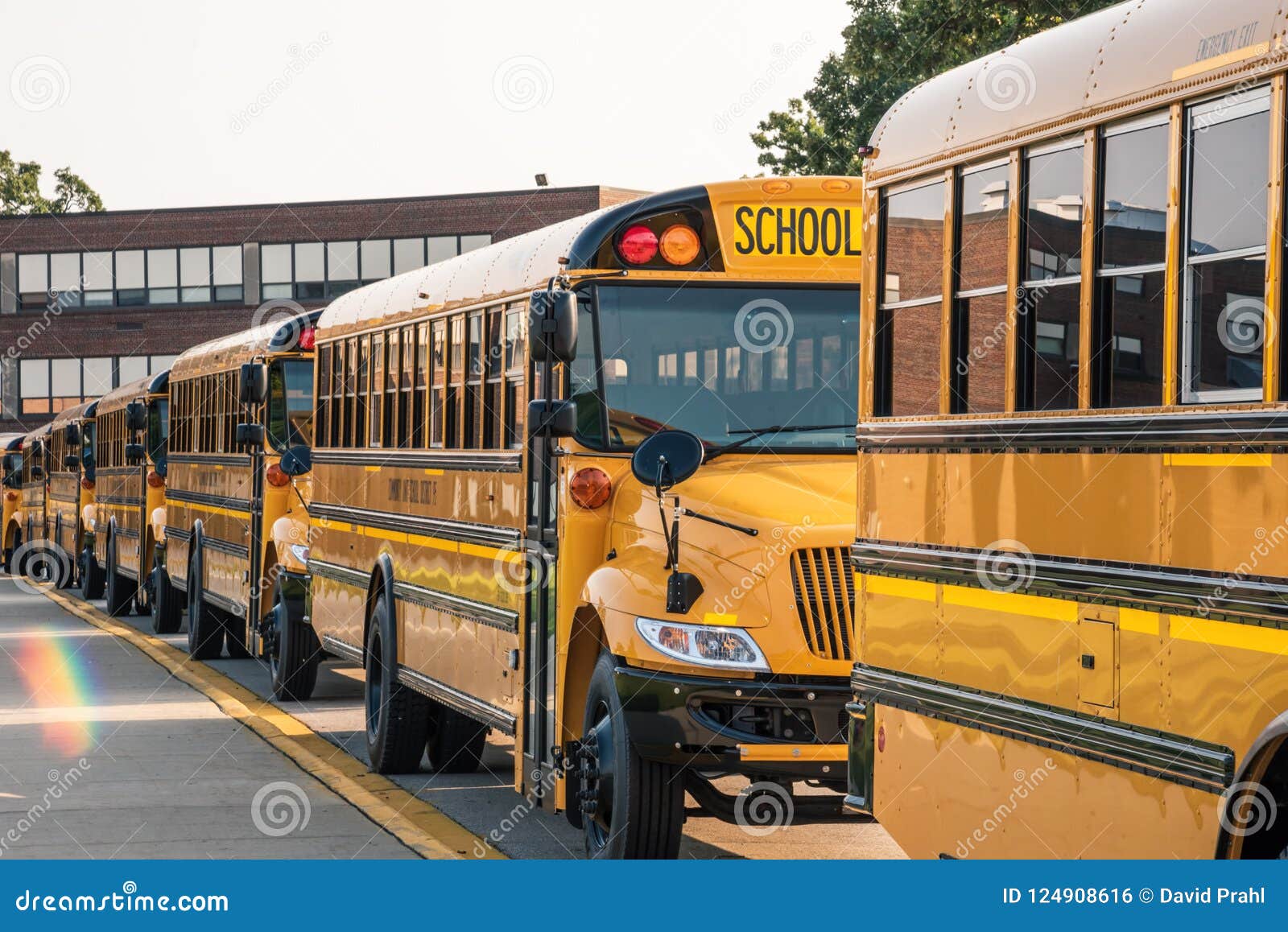 Line of Yellow Buses Along Sidewalk in Front of School Stock Photo ...