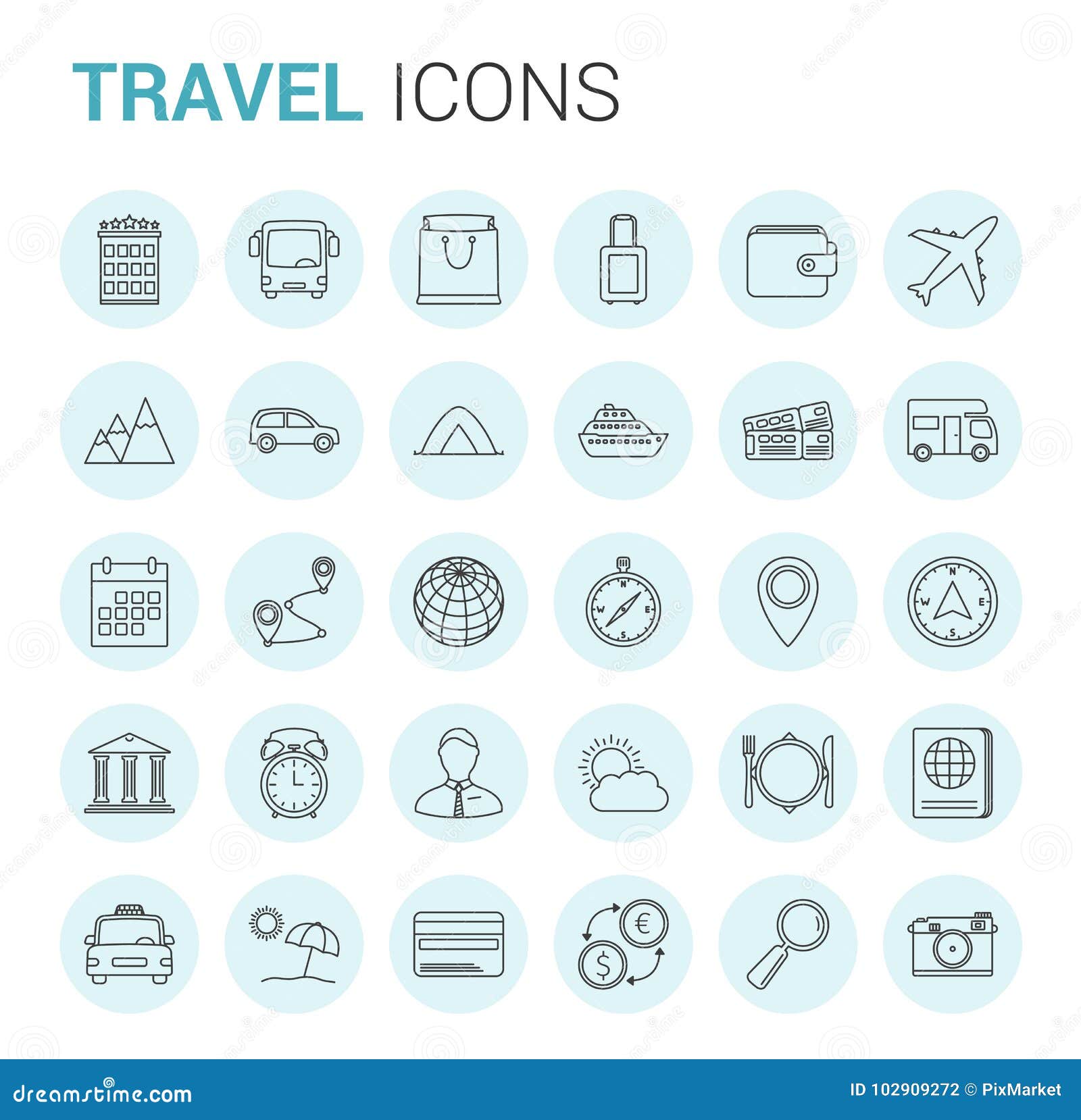 Linea icone di viaggio illustrazione vettoriale. Illustrazione di foto ...