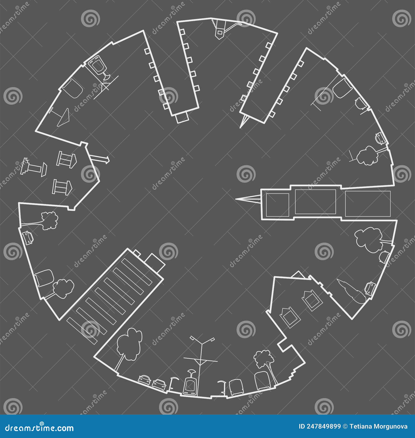 Abstract Circular Sketch City Streets on Gray Background Stock Vector ...