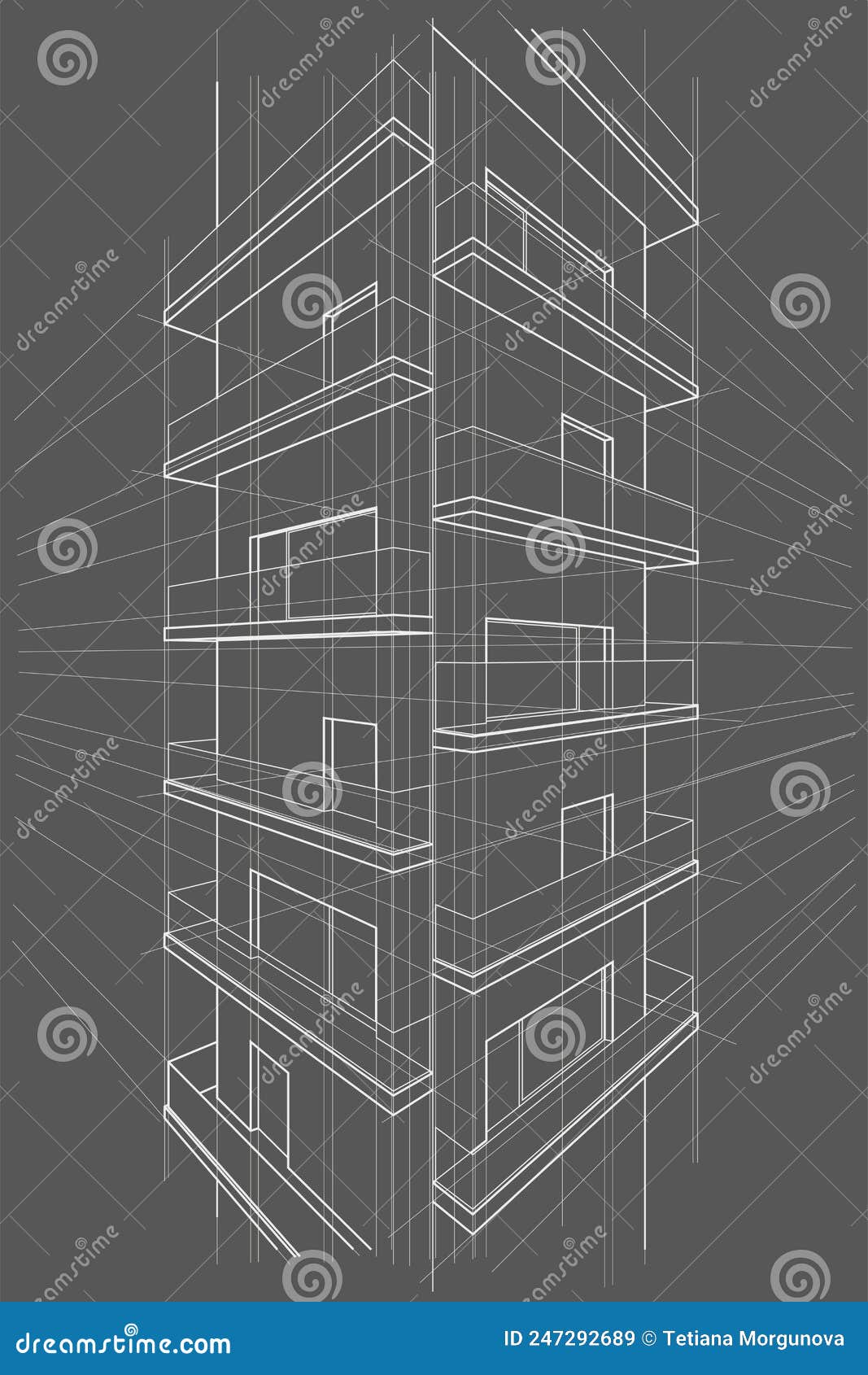 Linear Arcitectural Sketch Office Building Perspective On White ...