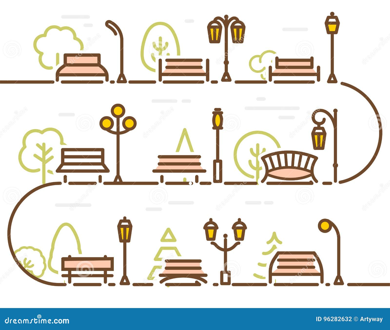 Linear Abstract Street with Park Elements. Forest Tree, Park Bench and ...