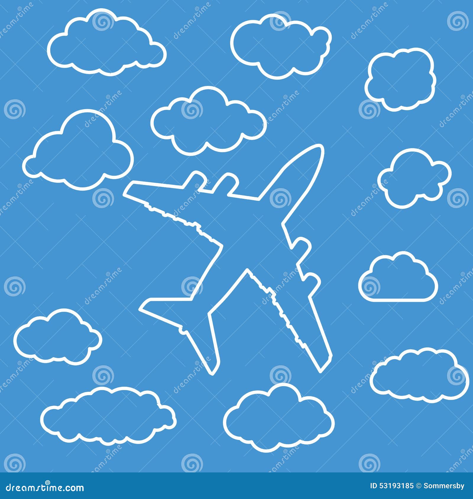 Linear Airplane with Clouds on Blue Air Background Stock Vector ...