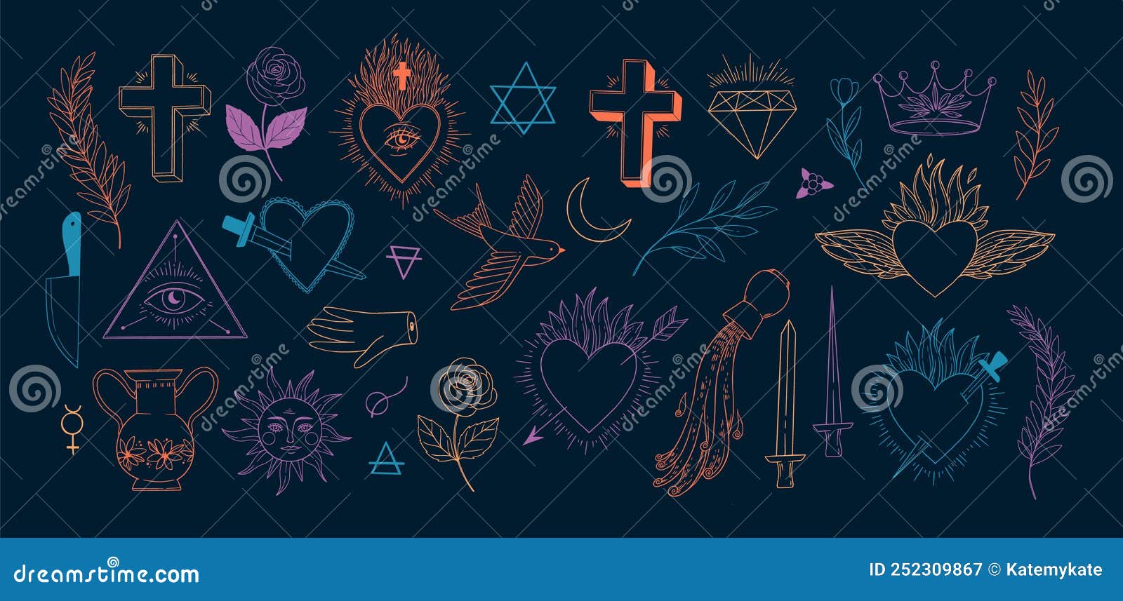 Linear Alchemy Design Elements. Vintage Hearts, All Seeing Eye, Cross ...