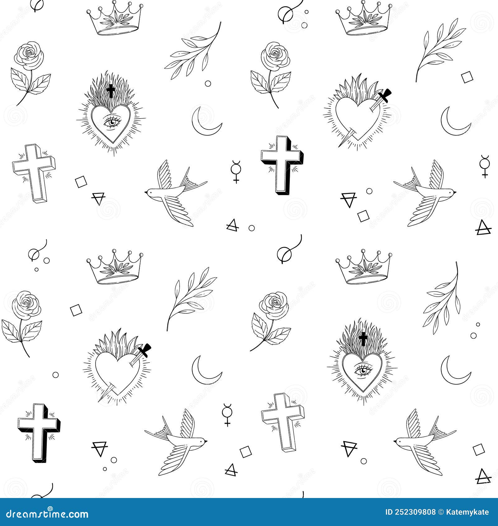 Linear Alchemy Seamless Pattern. Vintage Hearts, Cross, Rose, Space and ...