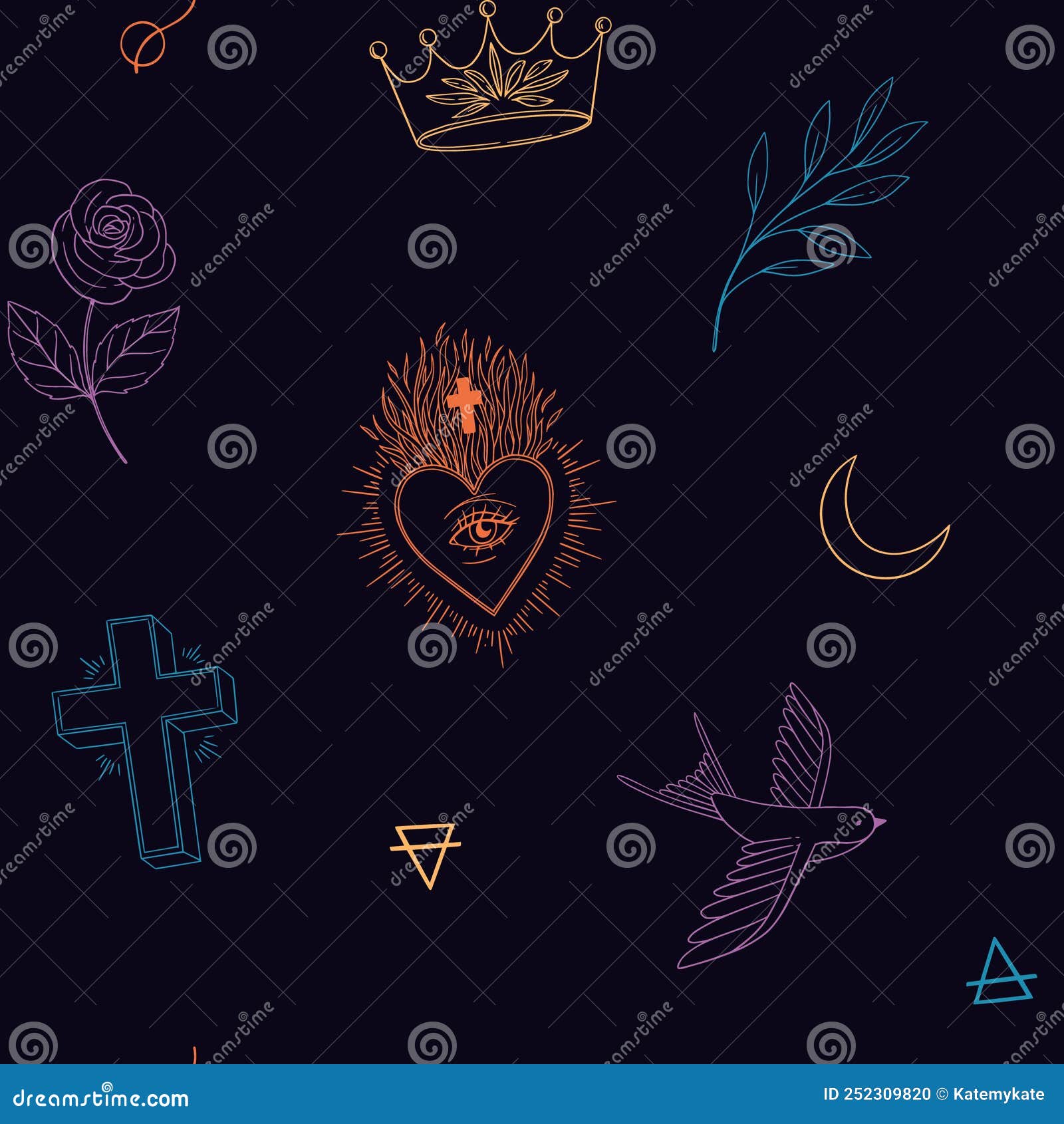 Linear Alchemy Seamless Pattern. Vintage Hearts, Cross, Rose, Space and ...