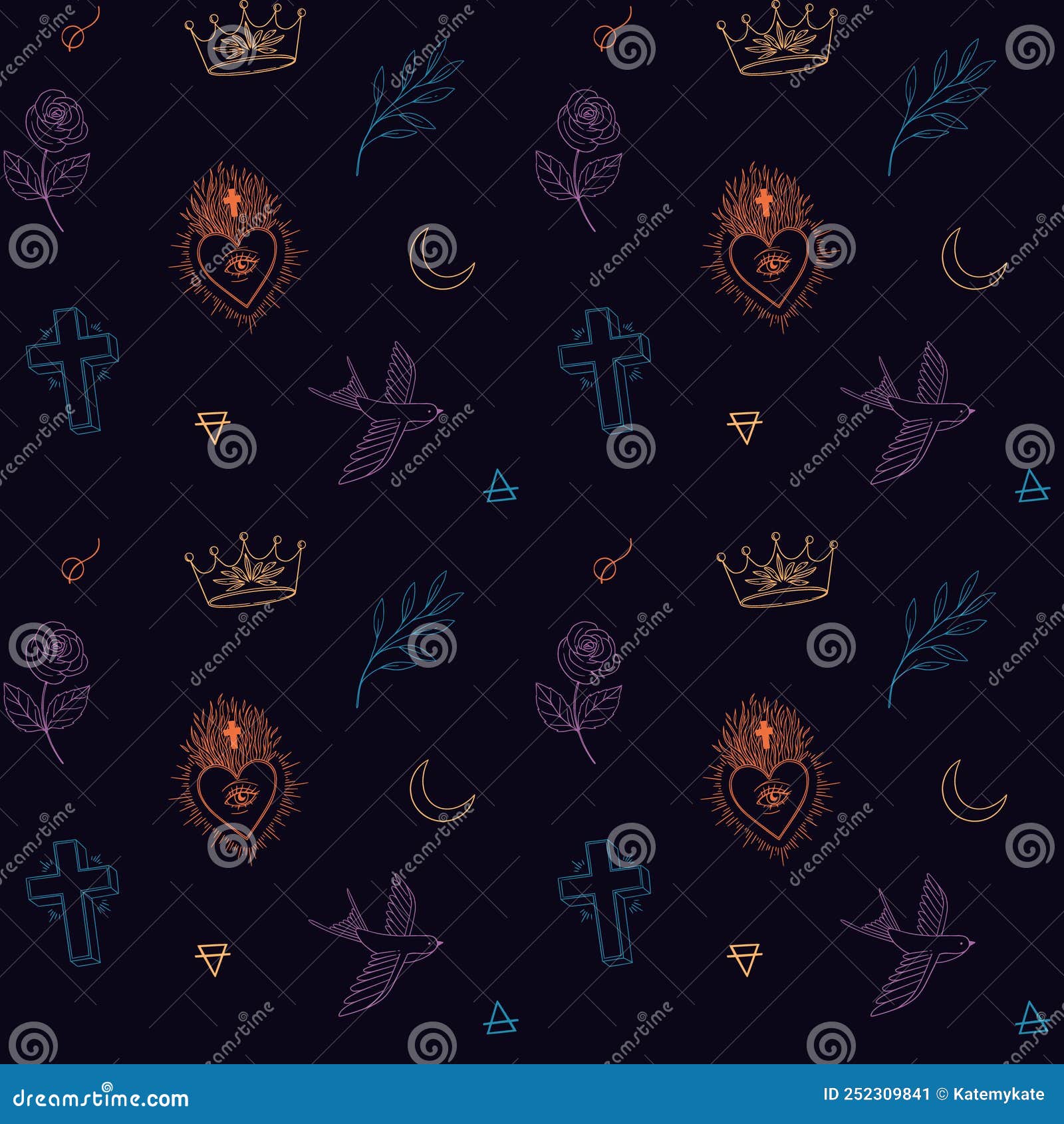 Linear Alchemy Seamless Pattern. Vintage Hearts, Cross, Rose, Space and ...