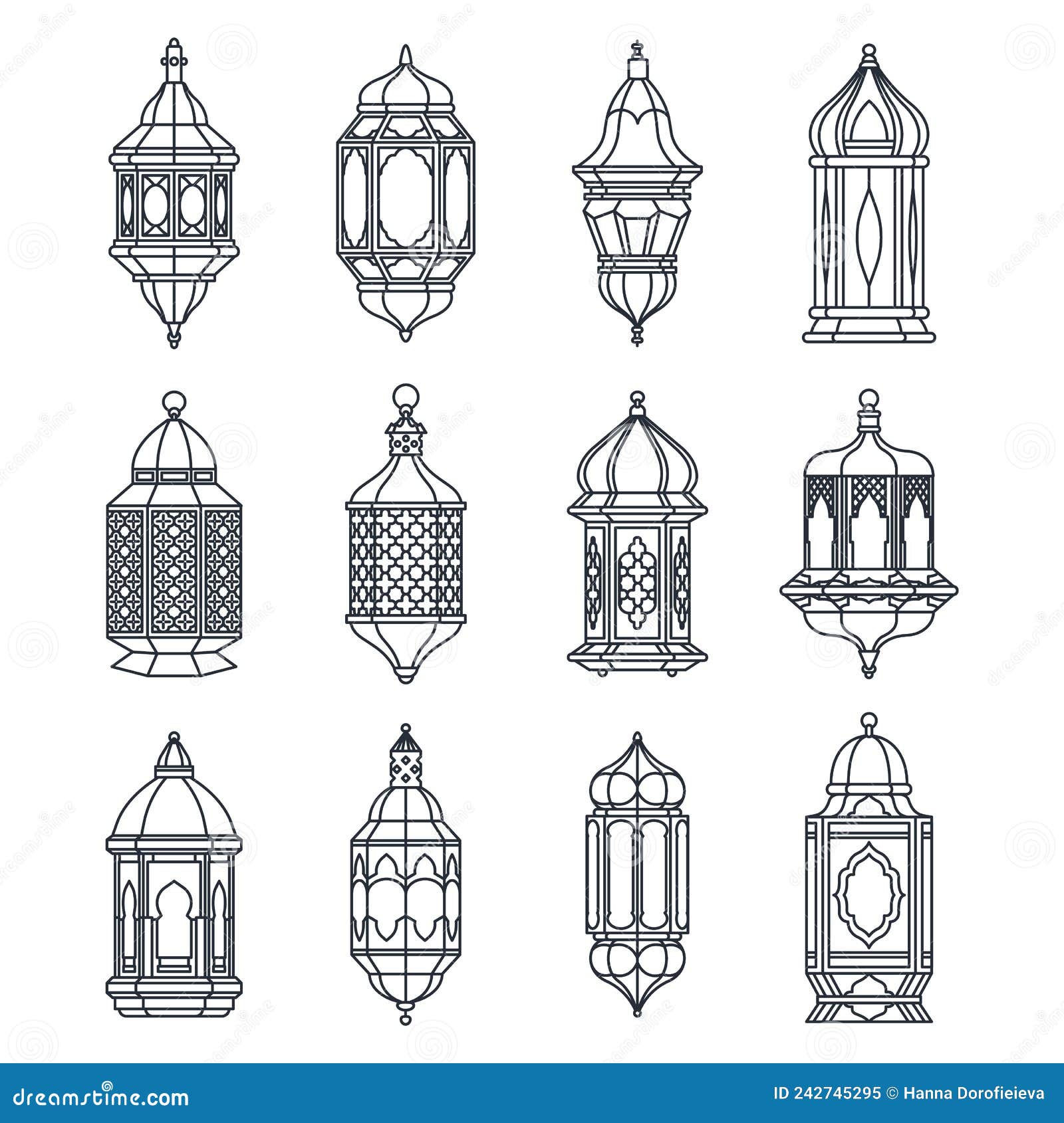 Linear Arabian Lamp or Lantern, Vector Icon Set. Stock Vector ...
