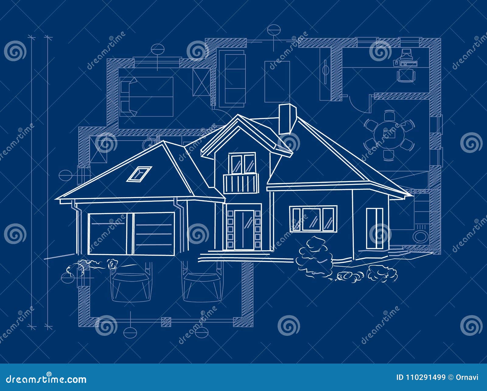 Linear Architectural Project of Detached House - Vector Illustration ...