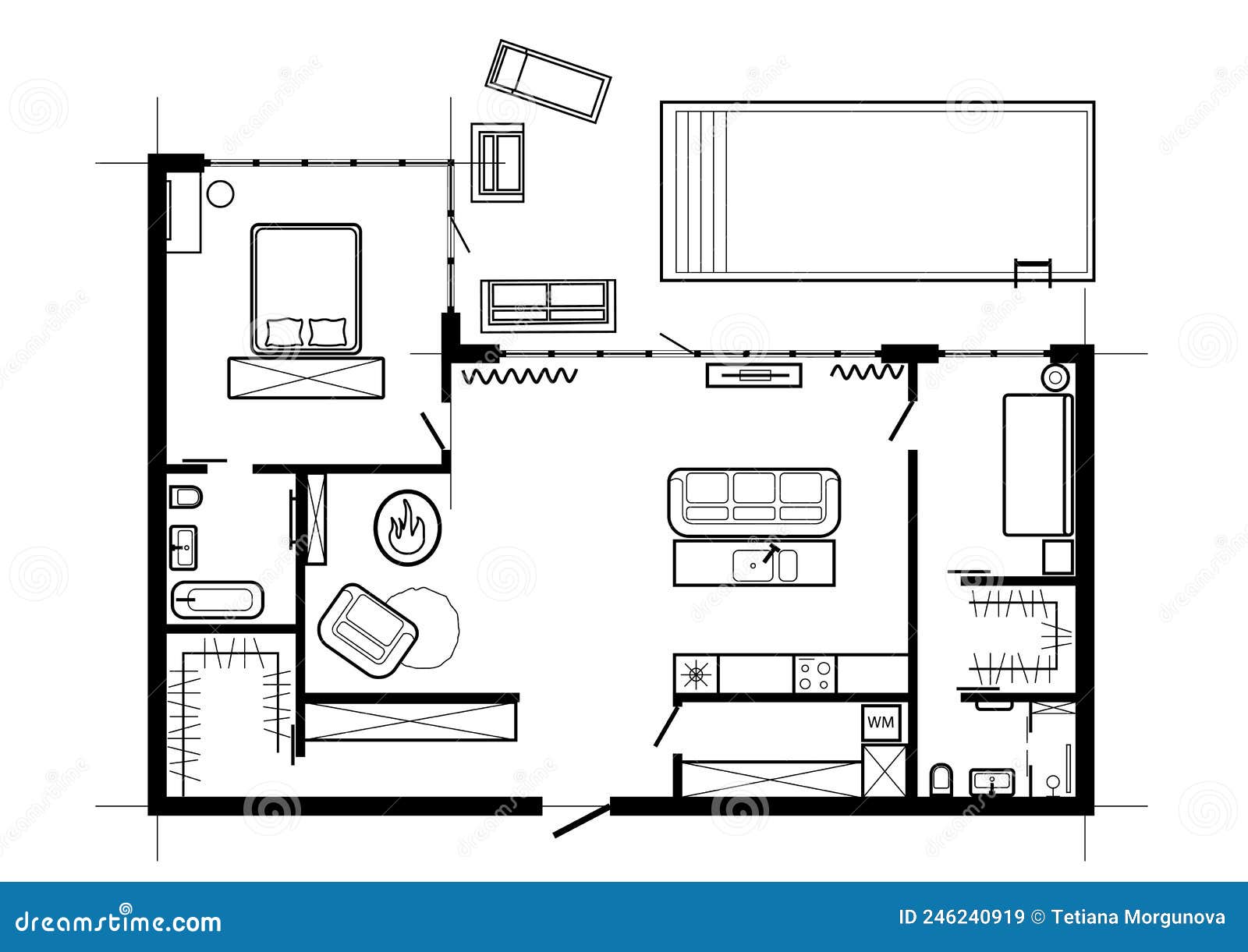 Linear Architectural Section Plane Cottage with Pool on White ...