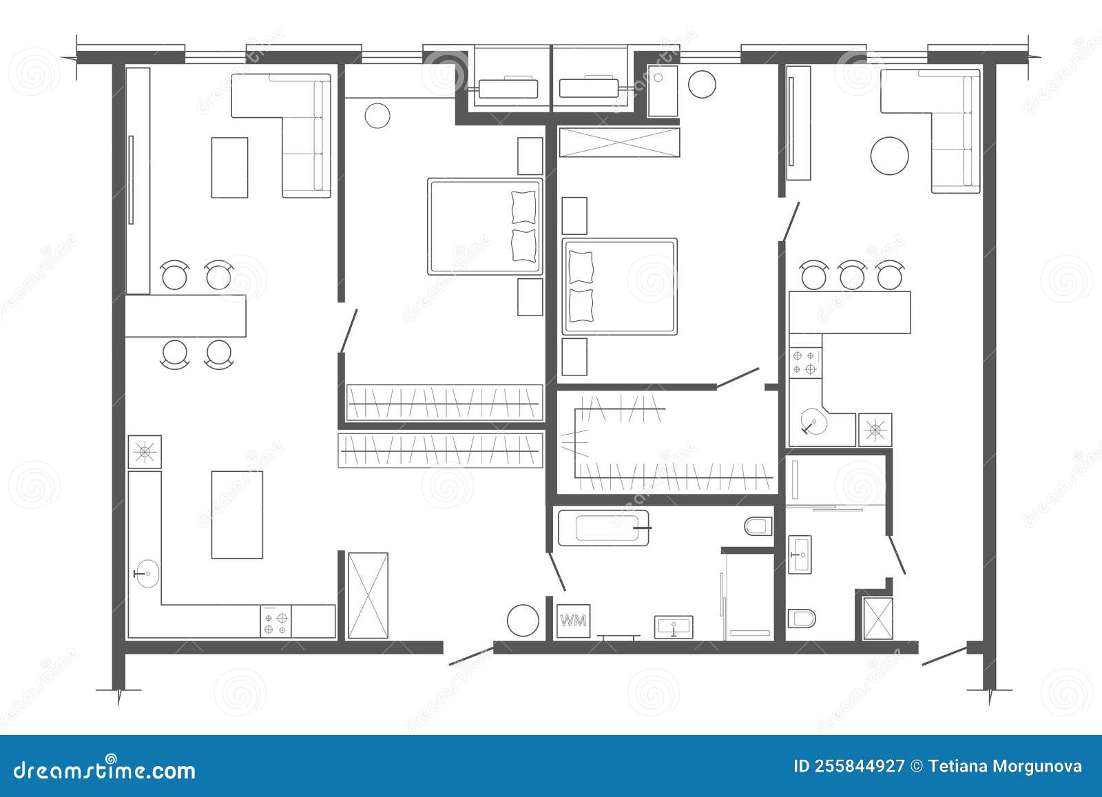 Linear Section Plane Part - Two One-bedroom Flats in Apartment Building ...