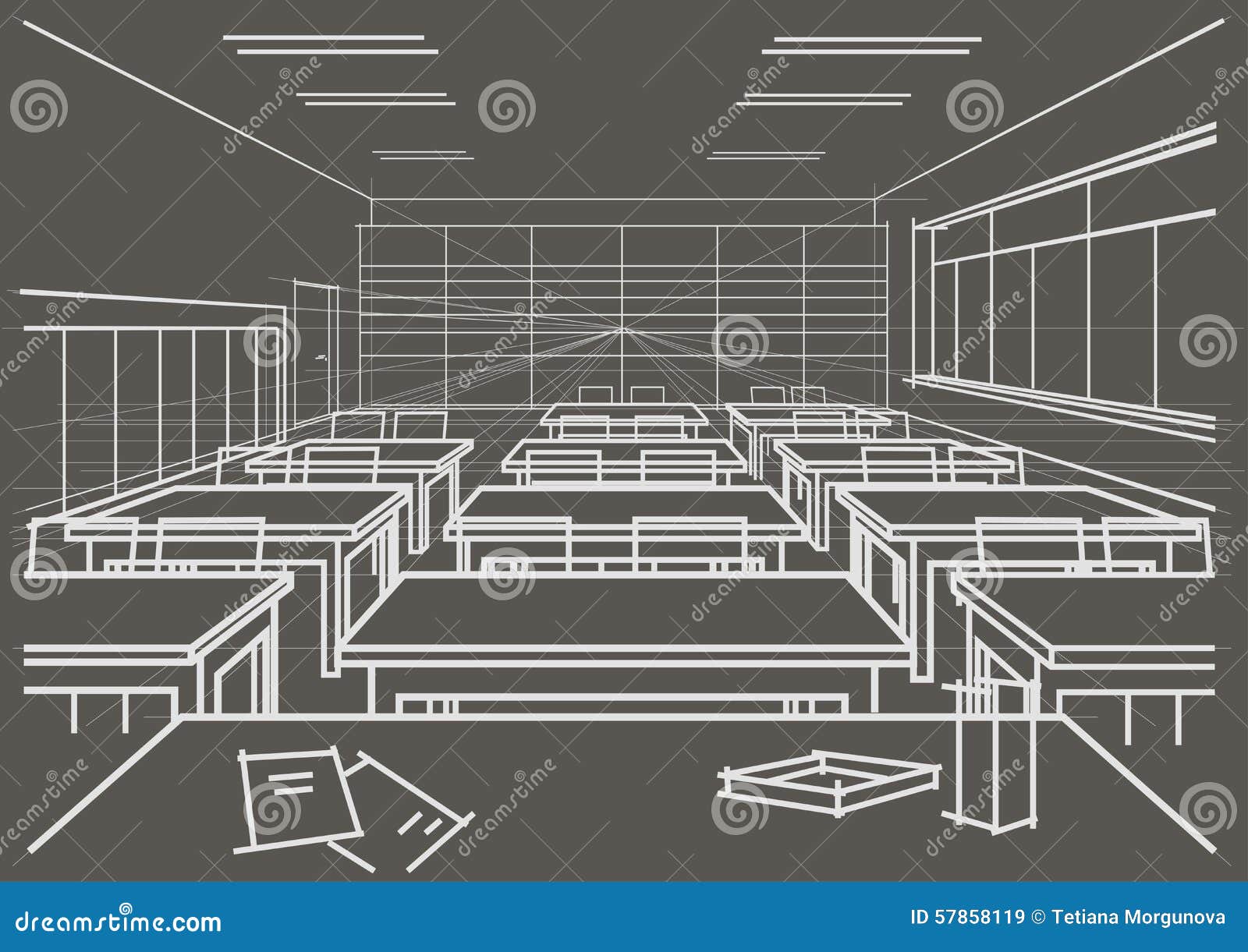 Linear Architectural Sketch Classroom on Gray Background Stock Vector ...
