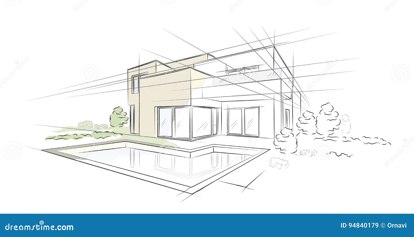 Linear Architectural Sketch Detached House Stock Vector - Illustration ...