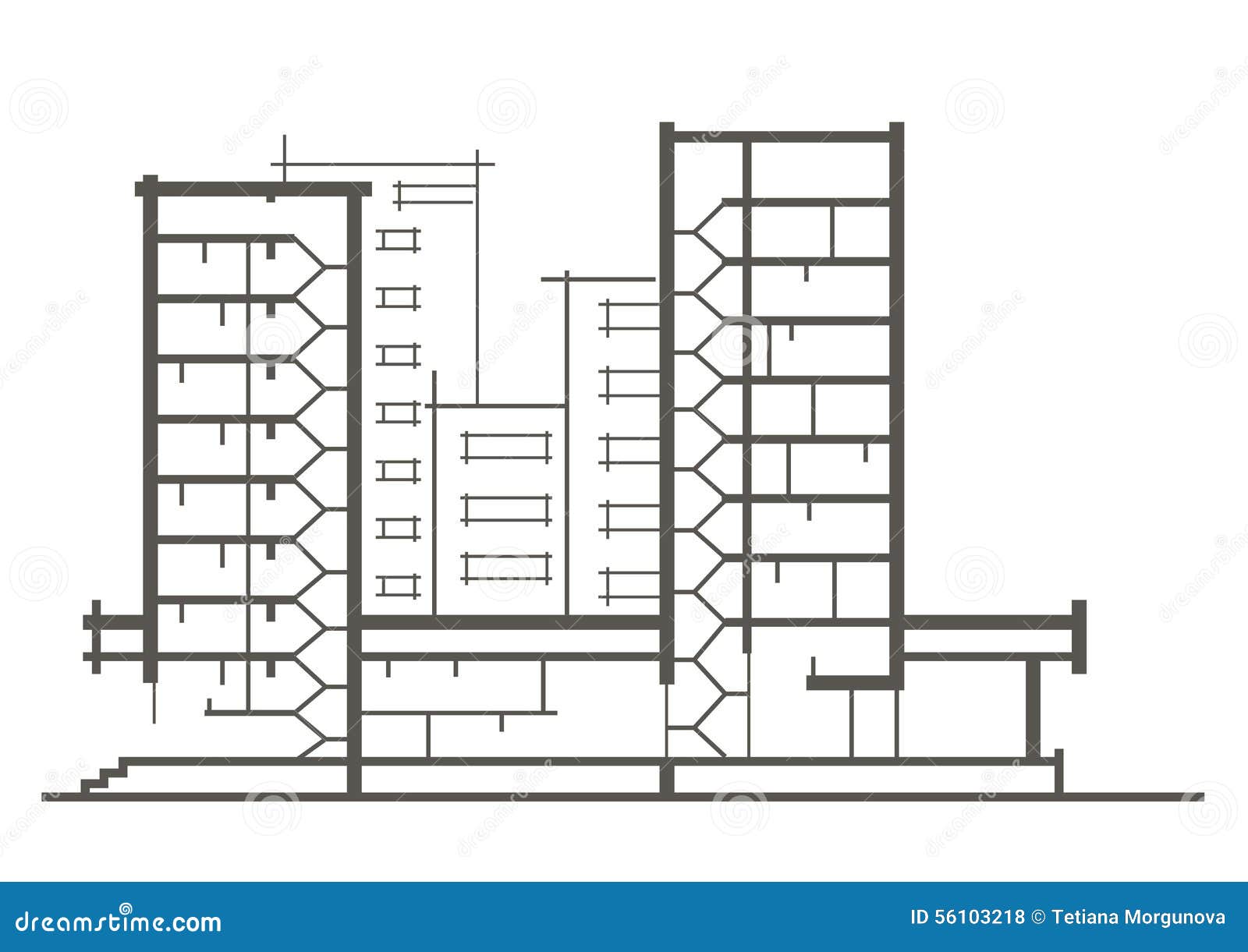 Linear Architectural Sketch of Multistory Building. Sectional Drawing ...