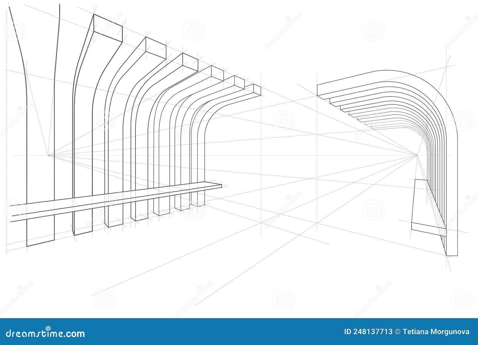 Linear Sketch Pergola with Bench Perspective on White Background Stock ...