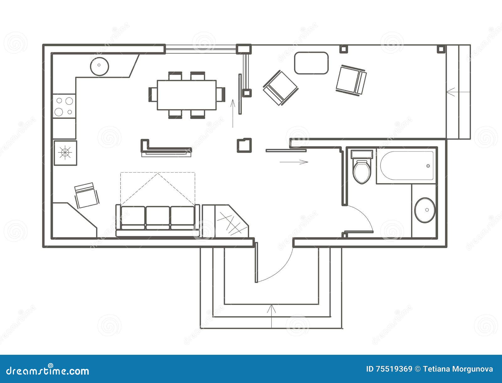 Linear Architectural Sketch Plan Studio House Stock Vector ...