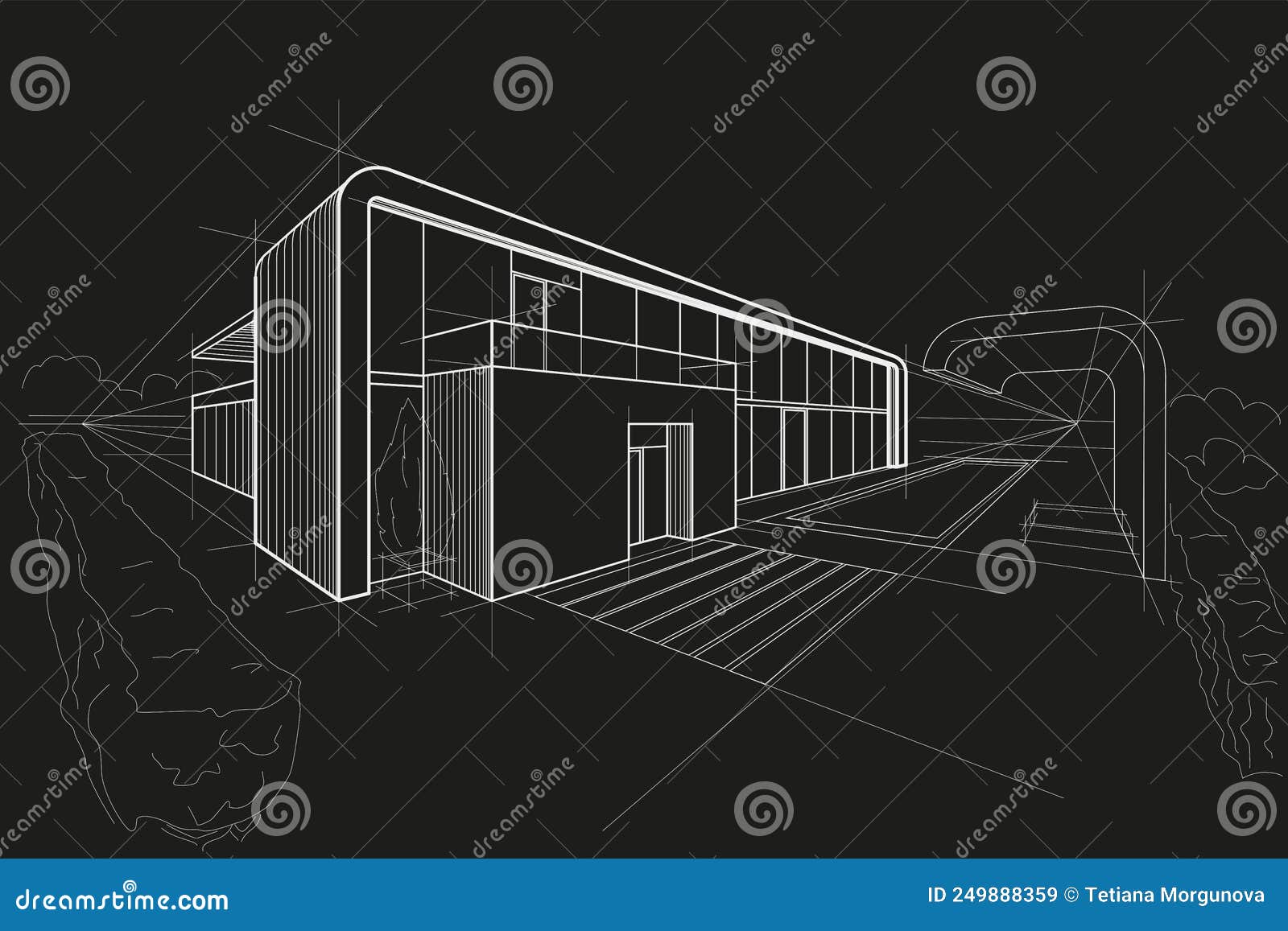 Linear Sketch Residental Building - Cottage Perspective on Black ...