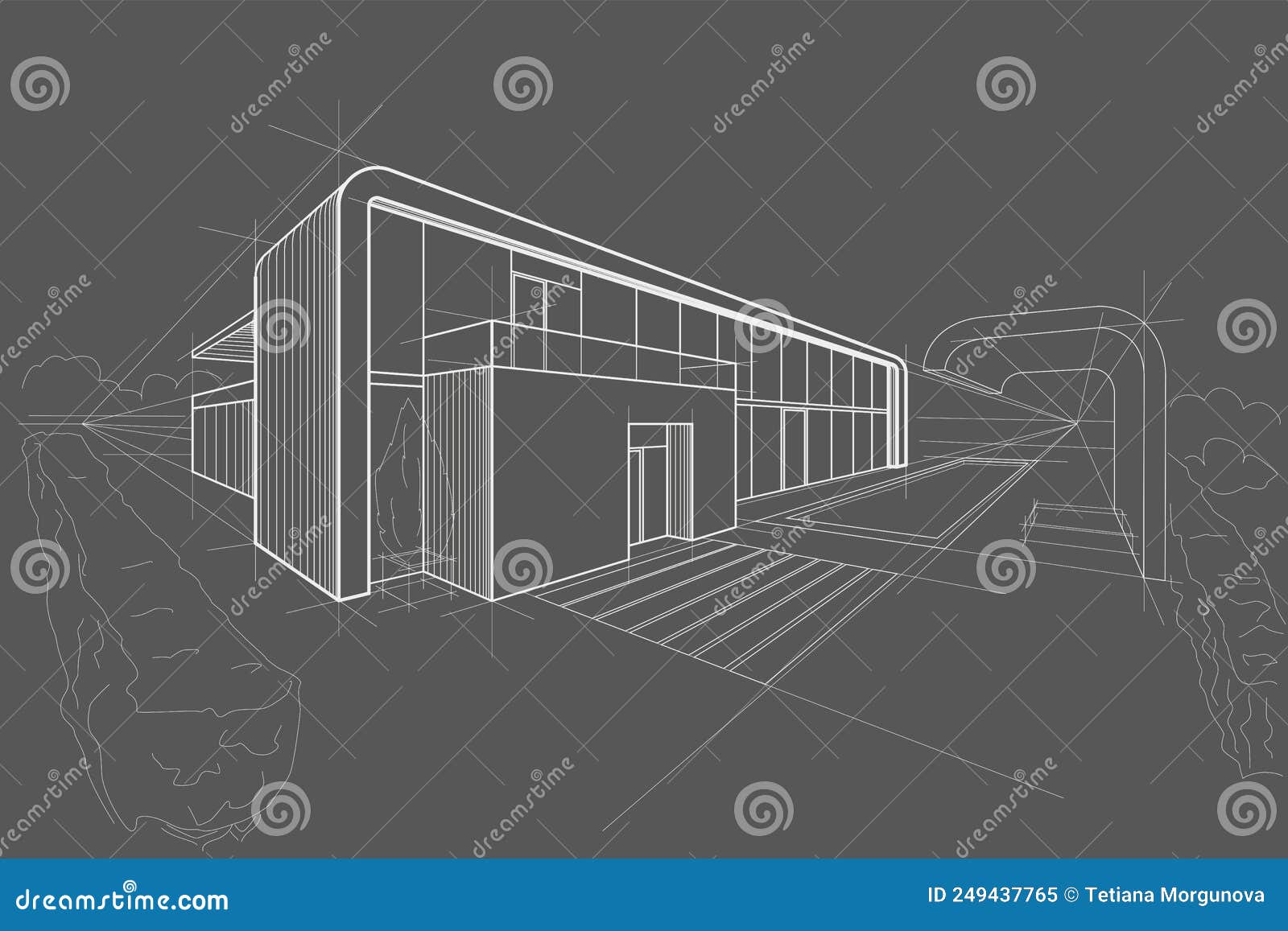 Linear Sketch Residental Building - Cottage Perspective on Gray ...