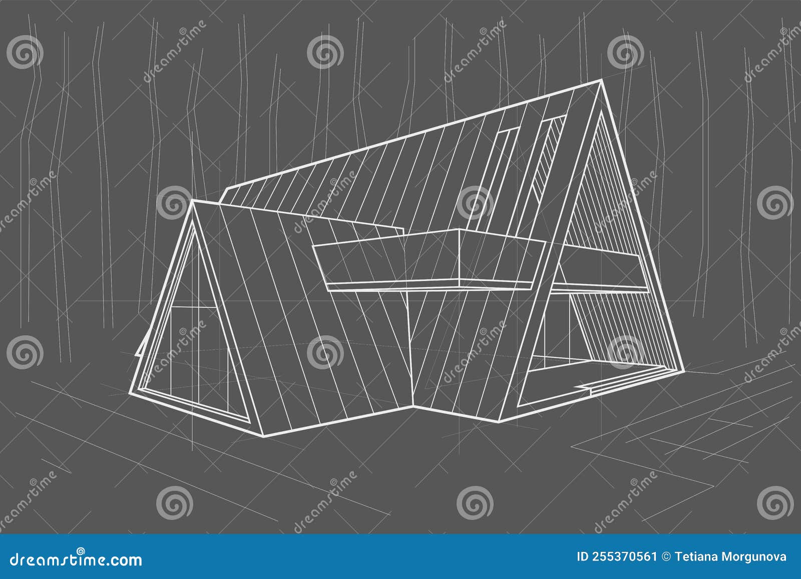 Linear Sketch Residental Building - Triangle Forest Cottage on Gray ...